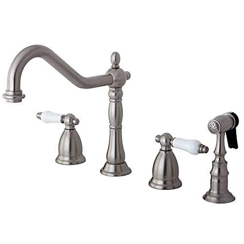 Kingston Brass KS1798PLBS Heritage Widespread Kitchen Faucet with Handle Sprayer, Brushed Nickel, 12.38 x 8.56 x 2