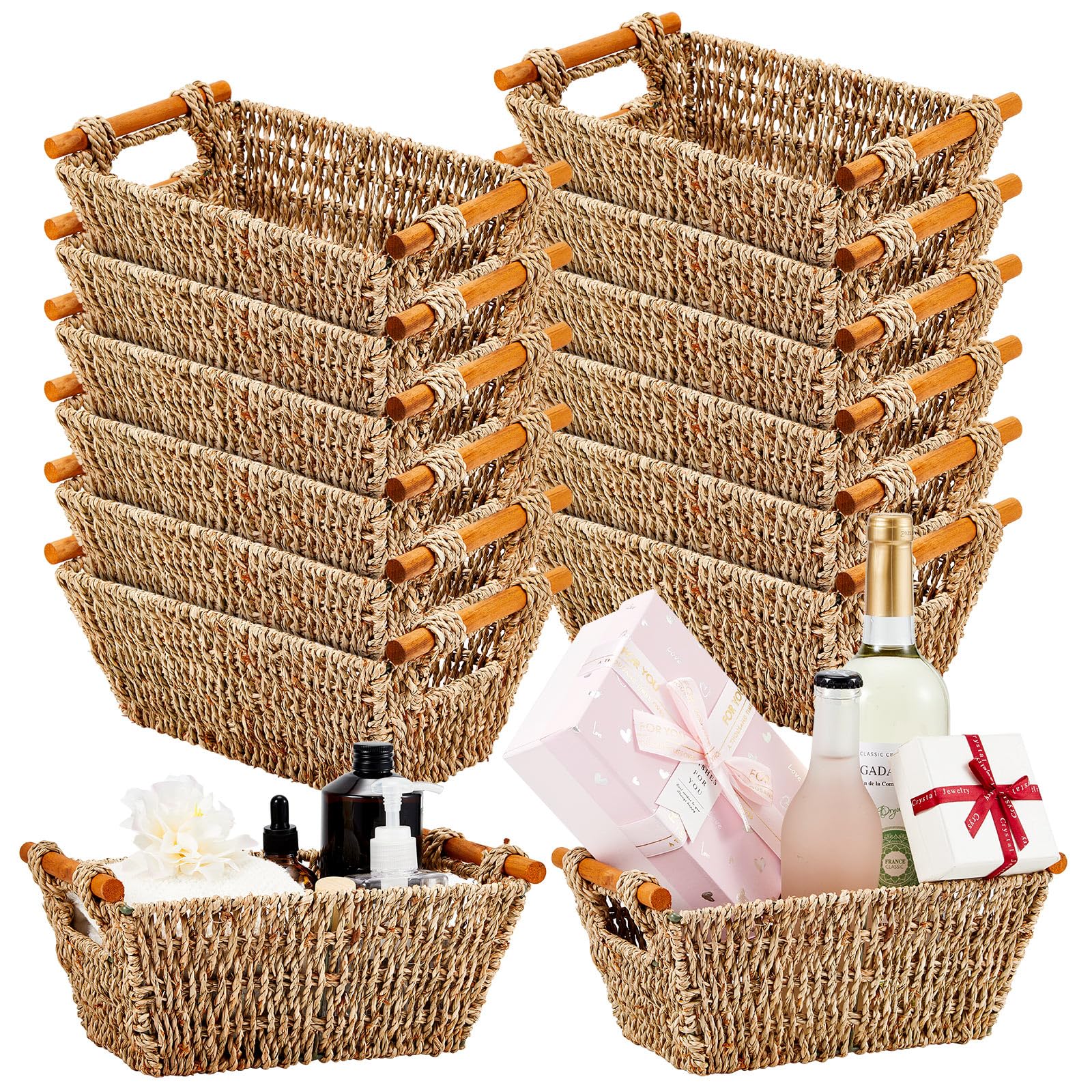 Marsui 12 Pcs Small Wicker Baskets for Gifts Empty Hand Woven Seagrass Rattan Towel Baskets for Bathroom Bin Organizer Shelf Pantry Baskets for Gifts Storage Towel Kitchen Toilet Living Room (Brown)