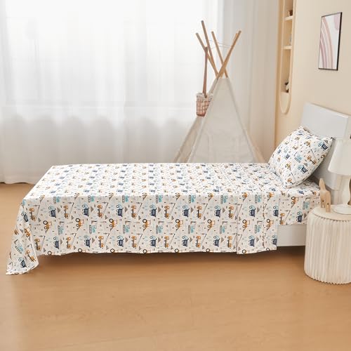 lasoftan Kids Sheet Set Twin Size 3 Pcs, Boys Twin Sheet Set with Blue Excavator Car Pattern,Kids Boys Twin Fitted Sheet ,Breathable & Silky Soft Microfiber Kids Fitted Sheet