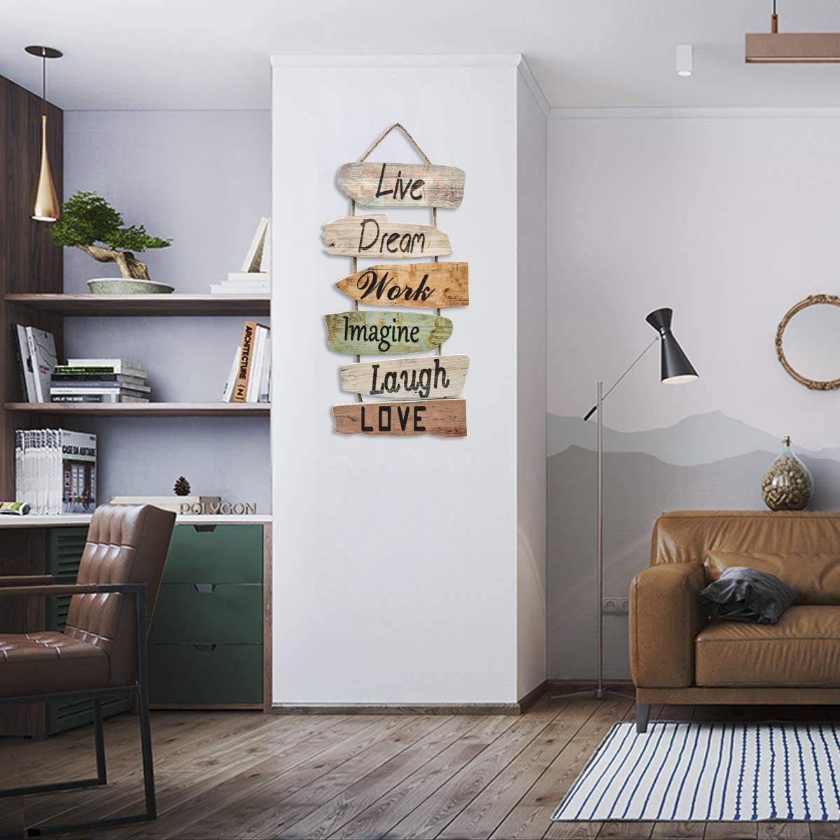 Hanging Wall Sign Rustic Wooden Wall Sign (Live, Dream, Work, Imagine, Laugh, Love) Wood Wall Decoration for Home Decor