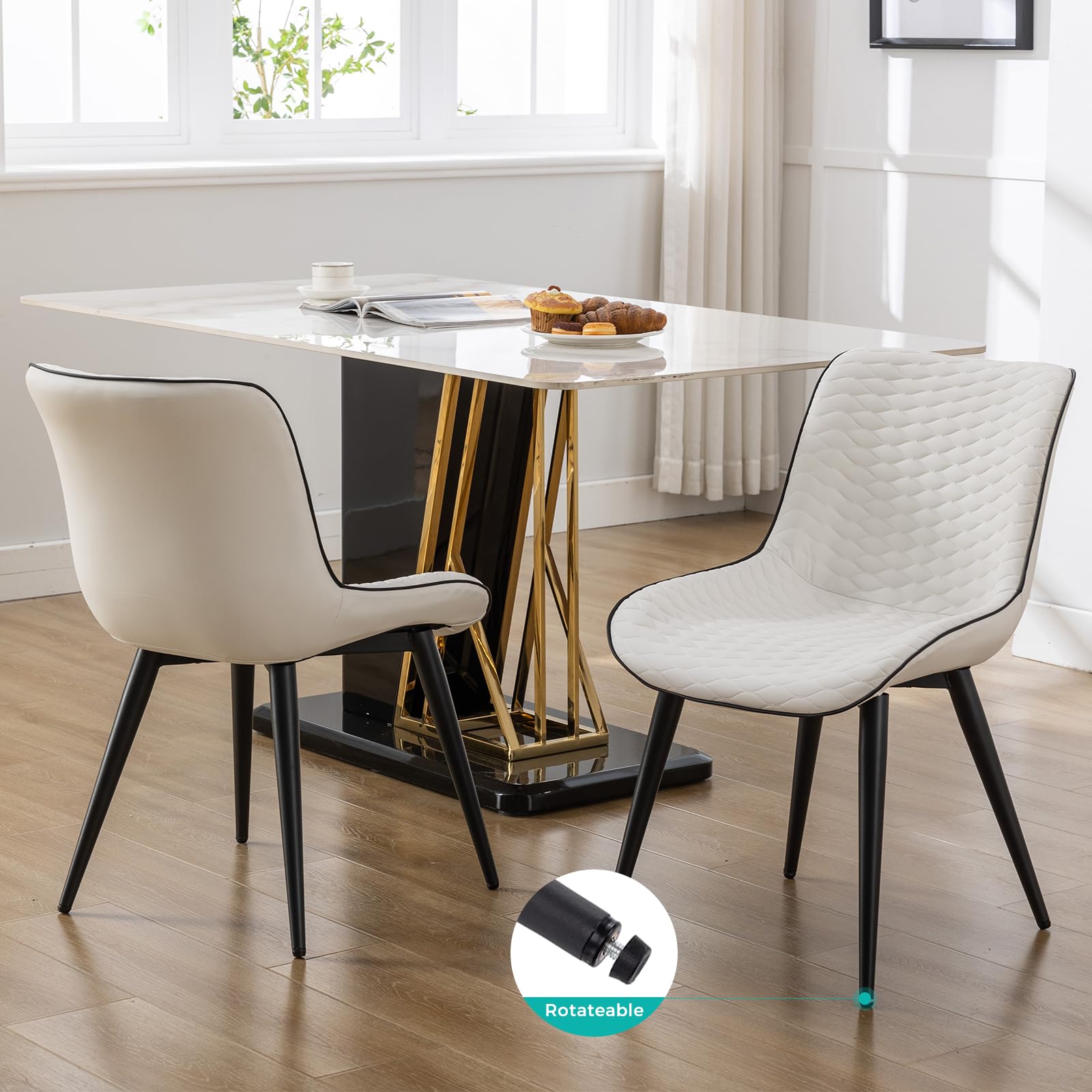 Fefances White Dining Chairs Set of 2 PU Leather Diamond Upholstered Modern Kitchen Dining Room Chairs Metal Thick Bar Counter Chairs High Back Home Kitchen Restaurant