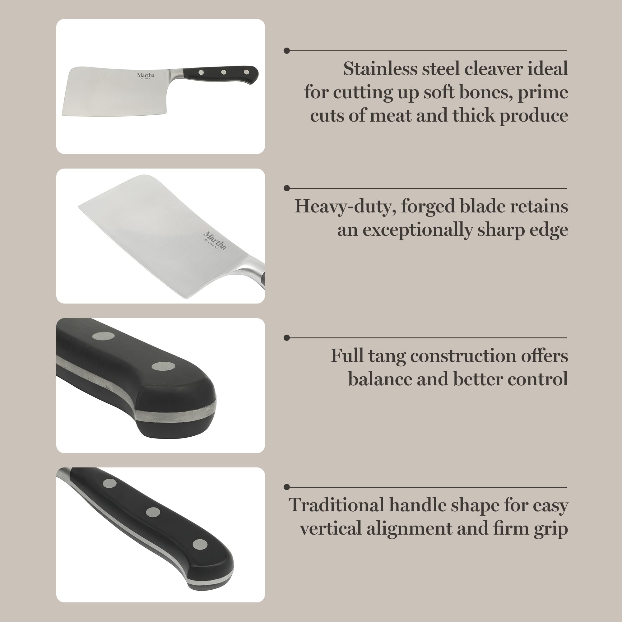 Martha Stewart Carverton 6" Cleaver Knife, High Carbon Stainless Steel Kitchen Knives w/Black Triple Riveted Handle