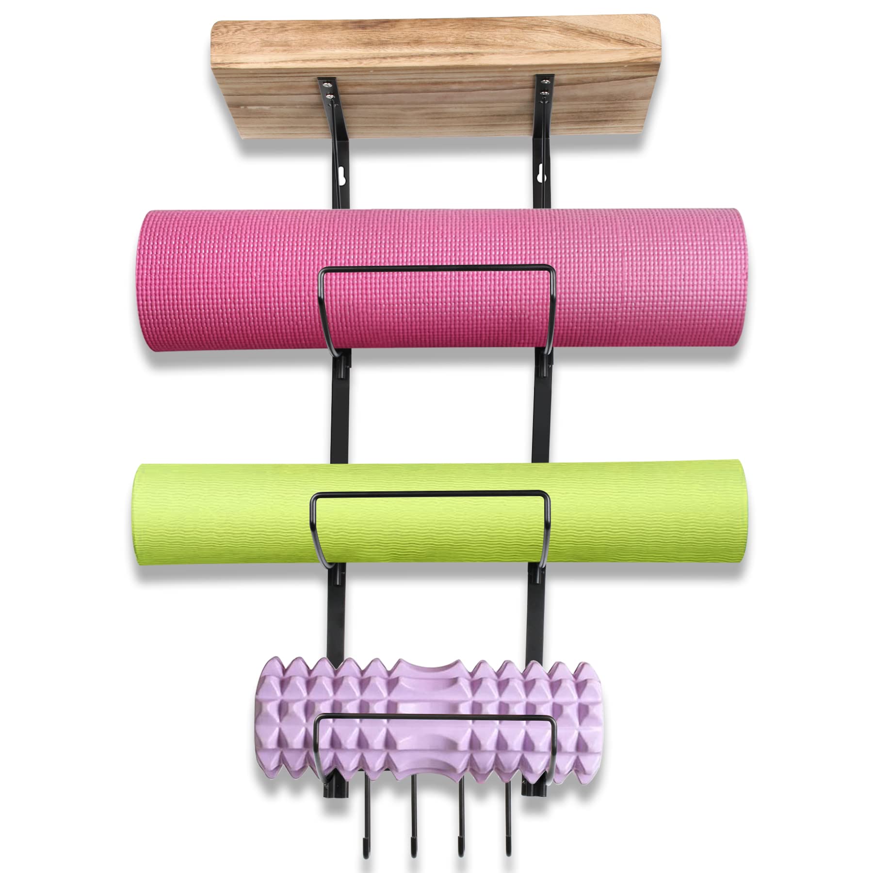 FIRJOY Wall Mount Yoga Mat Holder & Foam Roller Rack with Hooks and Shelf for Yoga Mat, Foam Roller Storage, Home Gym Accessories Organization