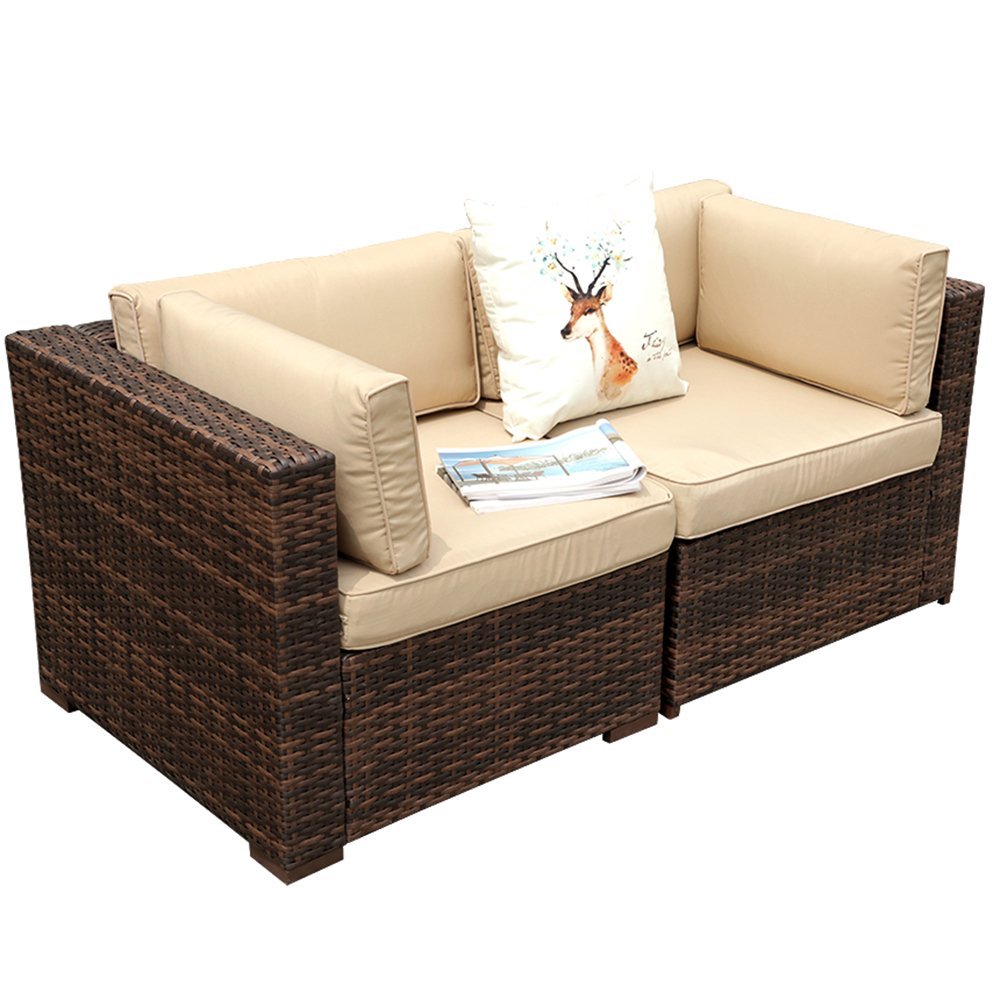 Super Patio Loveseat, 2 Piece Outdoor Furniture Set, All Weather Wicker Loveseat Corner Sofas Thick Beige Cushions, Steel Frame, Brown