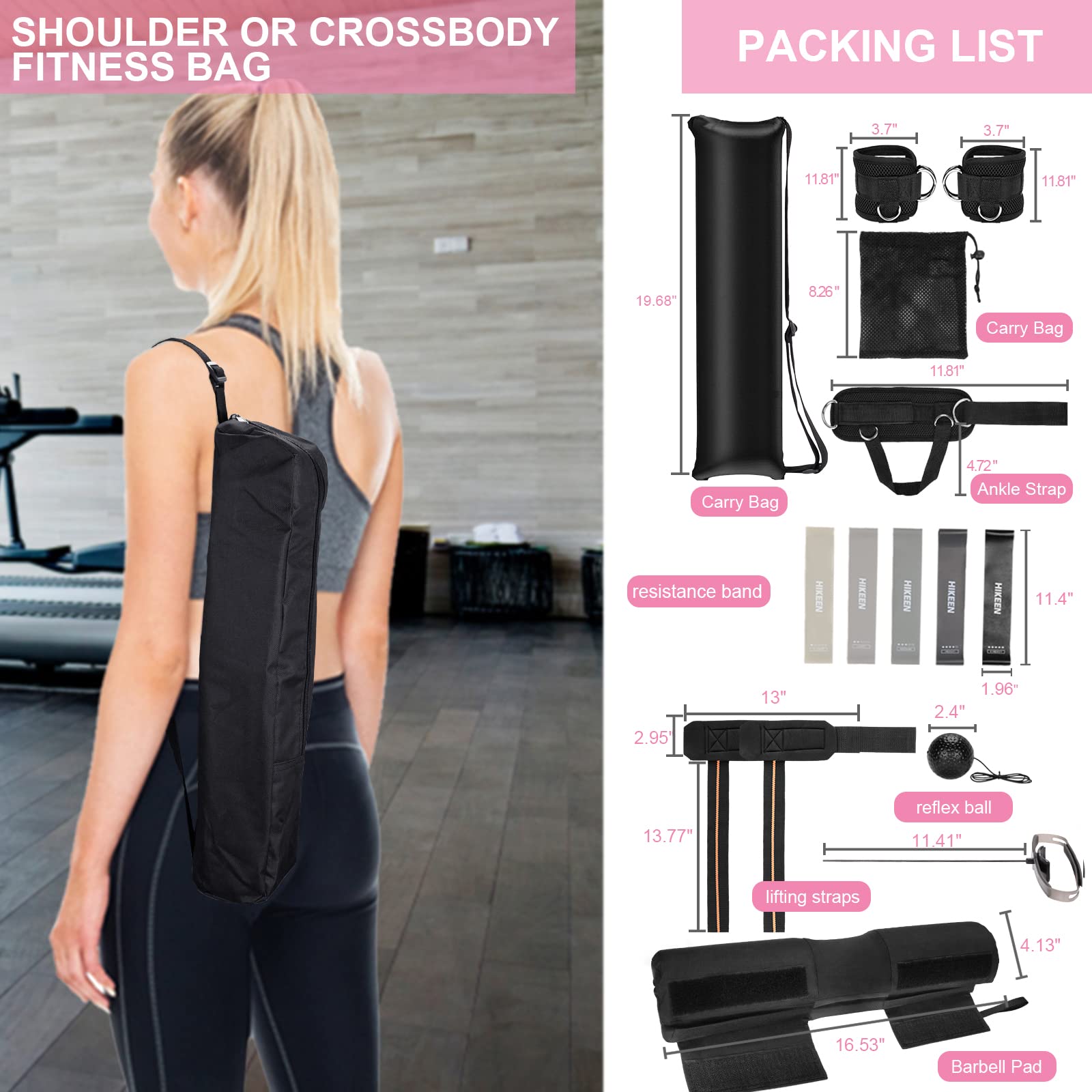 Hikeen Barbell Pad Set with Weight Lifting Straps, 13PCS Upgraded Barbell Squat Pad for Hip Thrusts,Leg day, Standard Olympic Bars with 2 Lifting Straps, 2 Ankle Straps, 5 Resistance Bands, Reflex Ball,Barbell Foam Pad, Carry Bag