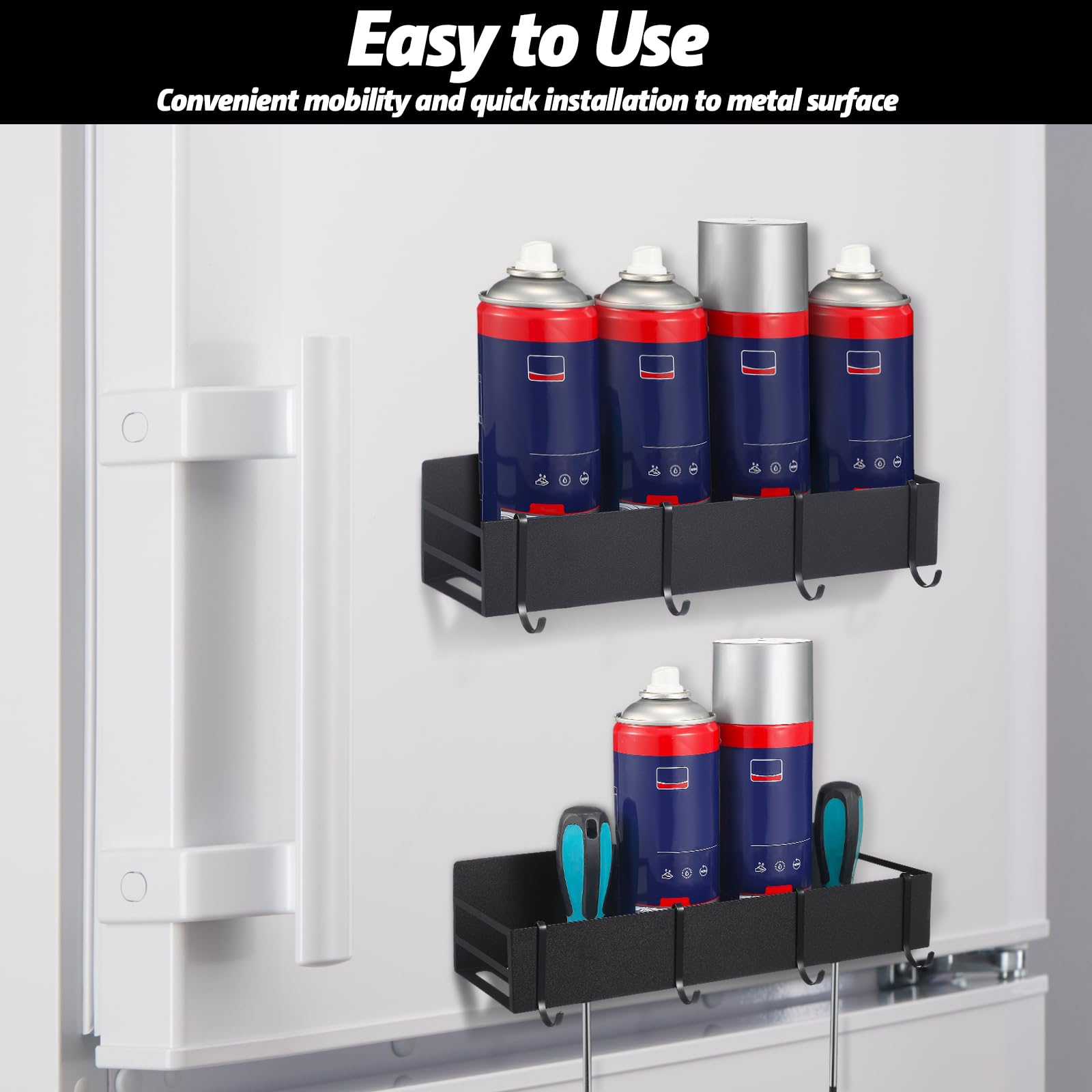MorningRo 4 Pcs Magnetic Aerosol Spray Can Holder with 4 Hook Magnet Toolbox Bottle Holder 2 Size Wall Mounted Spray Bottle Holder Spray Can Organizer Aerosol Can Rack for Garage Home Workspace, Black