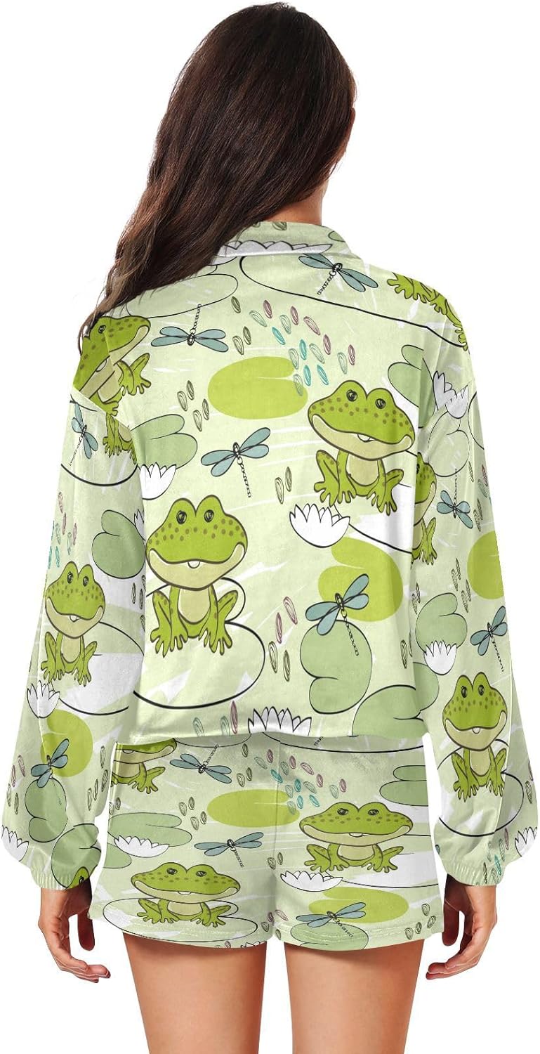 Kigai Cartoon Frogs Dragonflies Jogging Suits for Women Lounge Cozy Long Sleeve Half Zip Lapel Collar Sweatsuit Set,L