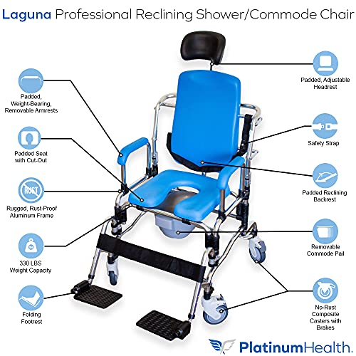 Laguna Professional Reclining Shower Chair with Wheels, Institutional Quality Adjustable Tilting Commode Seat for Shower and Bathtub for Elderly, Seniors, and Disabled, Padded Seat, Back, Armrests