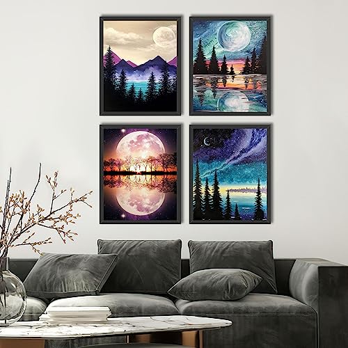 Suyaloo 4 Pack Paint by Numbers,Moon Paint by Numbers for Adults Kids Beginner,Landscape Drawing Paintwork with Paintbrushes DIY Acrylic Paint Canvas Oil Painting for Home Wall Decor 12X16Inch