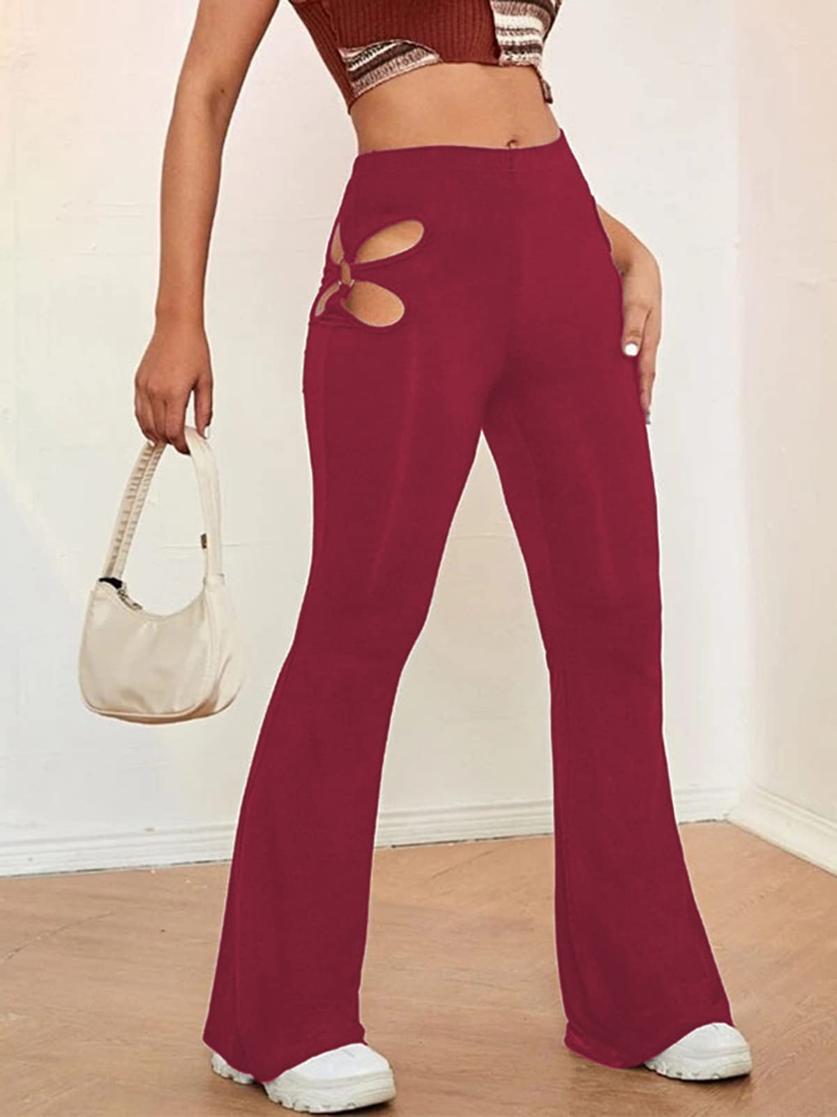 Hilinker Women's Cut Out High Waisted Pants Ladder Bootcut Night Out Stretch Flare Pants Wine Red X-Large