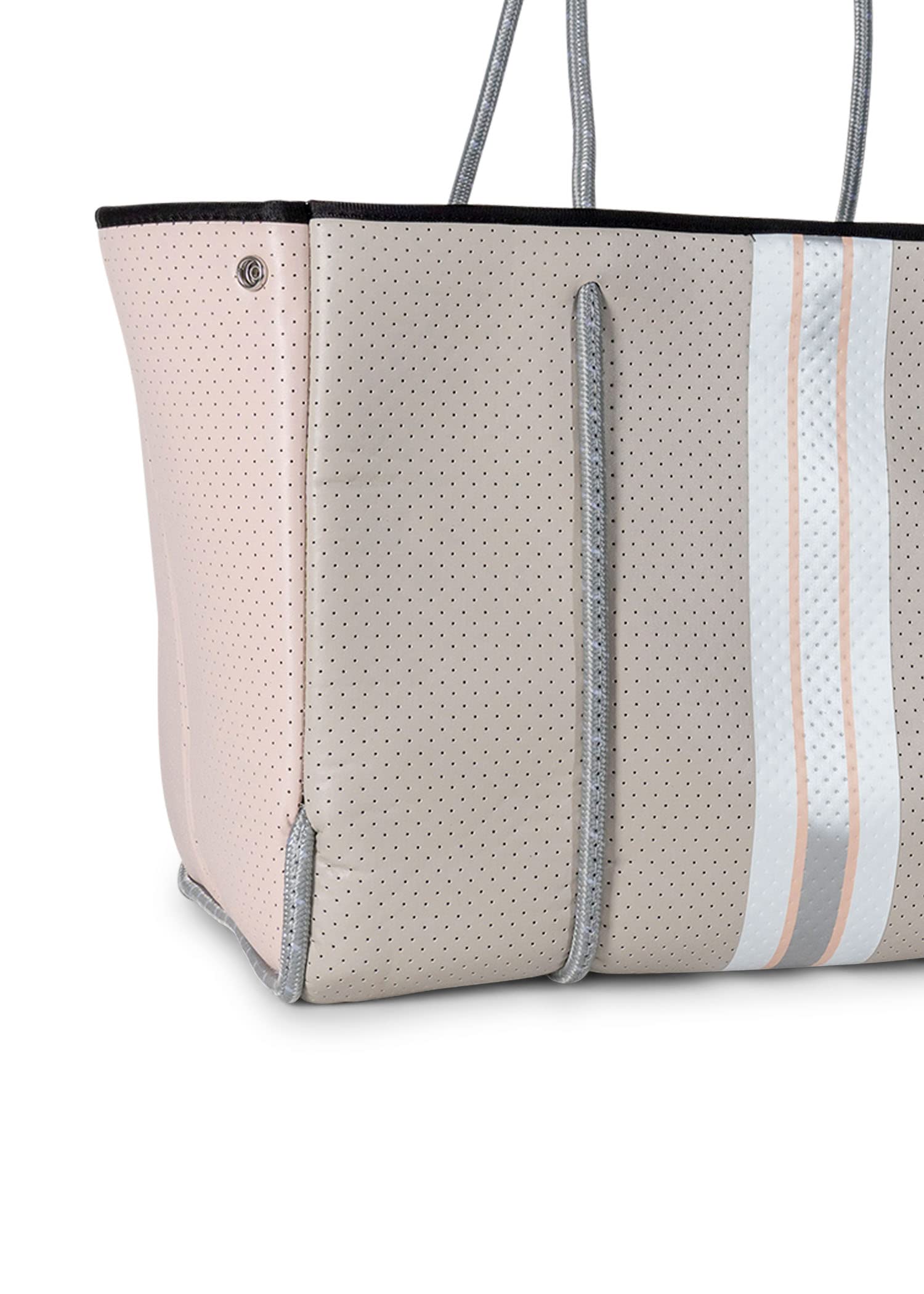 Haute Shore - Greyson Shell Neoprene Tote Bag w/Zipper Wristlet Inside,Greige Coated W/White Greige & Peach Stripe