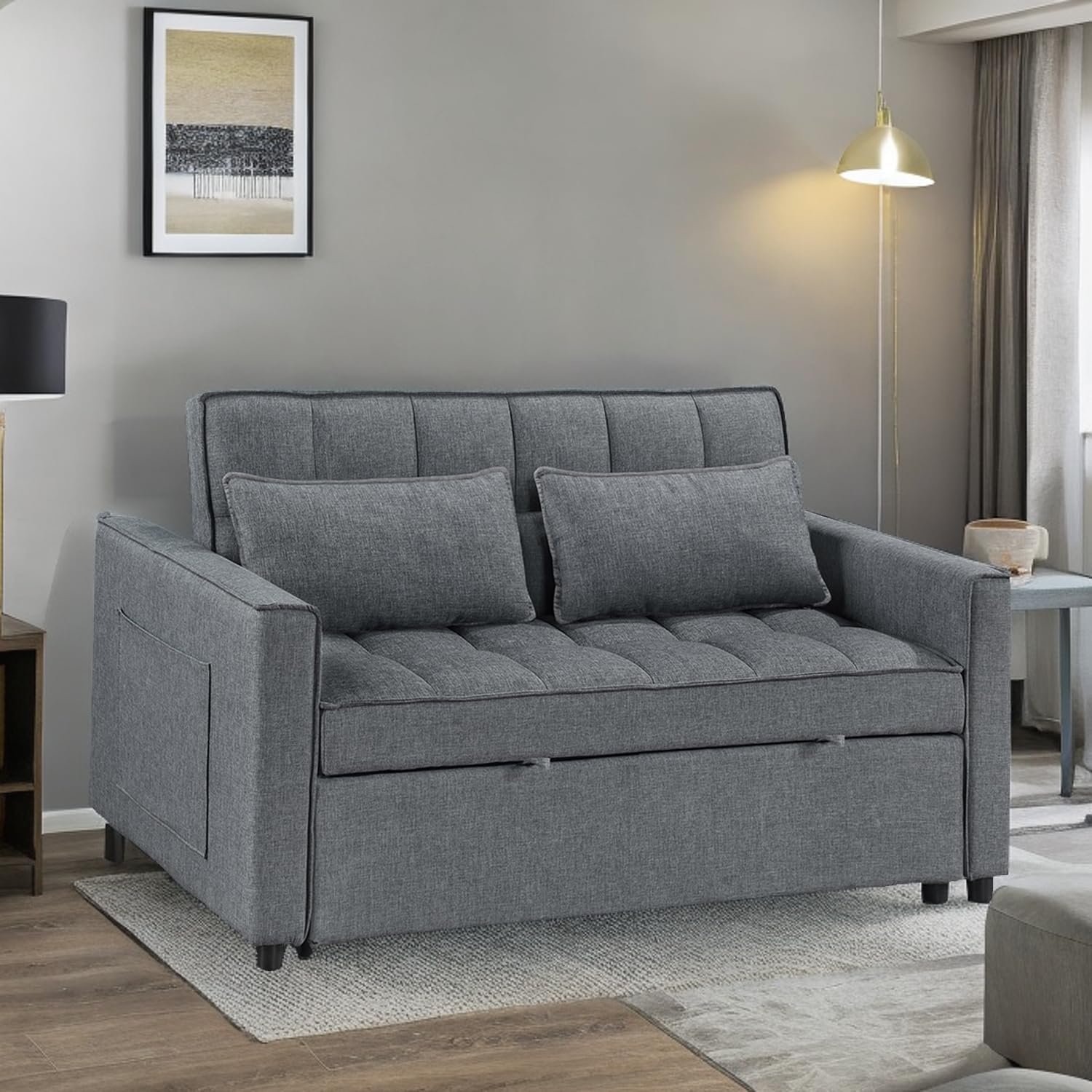 lagohezur 3-in-1 Convertible Loveseat Sofa Bed with Pull Out Bed and Storage Sectional Counch for Living Room, Apartment, Bedroom, Office, Grey