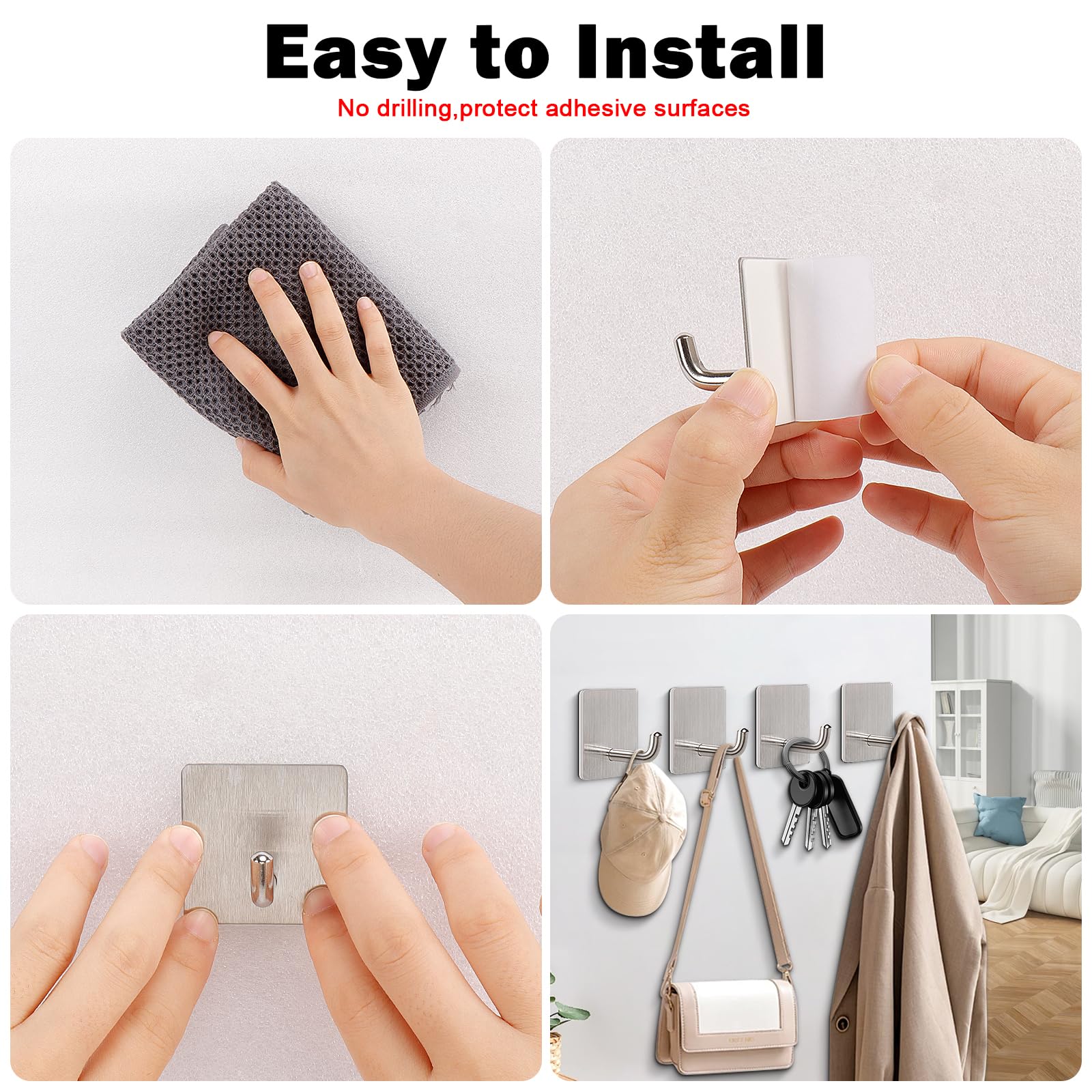 Livabber Adhesive Towel Hooks, 304 Stainless Steel Self Sticky Wall Hooks Waterproof Shower Hooks for Robe/Clothes, No Drilling Towel Hangers for Bathroom Kitchen Bedroom, 6 Packs(Brushed Nickel)