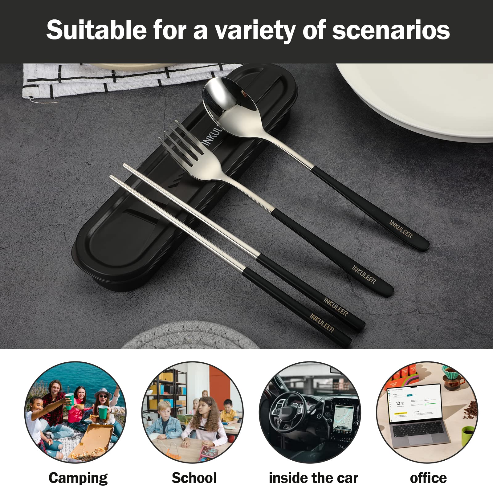 INKULEER Travel cutlery set, 18/8 stainless steel cutlery, Reusable utensils set with case, Portable Silverware Lunch Box for Camping and Office(Black/knife set)