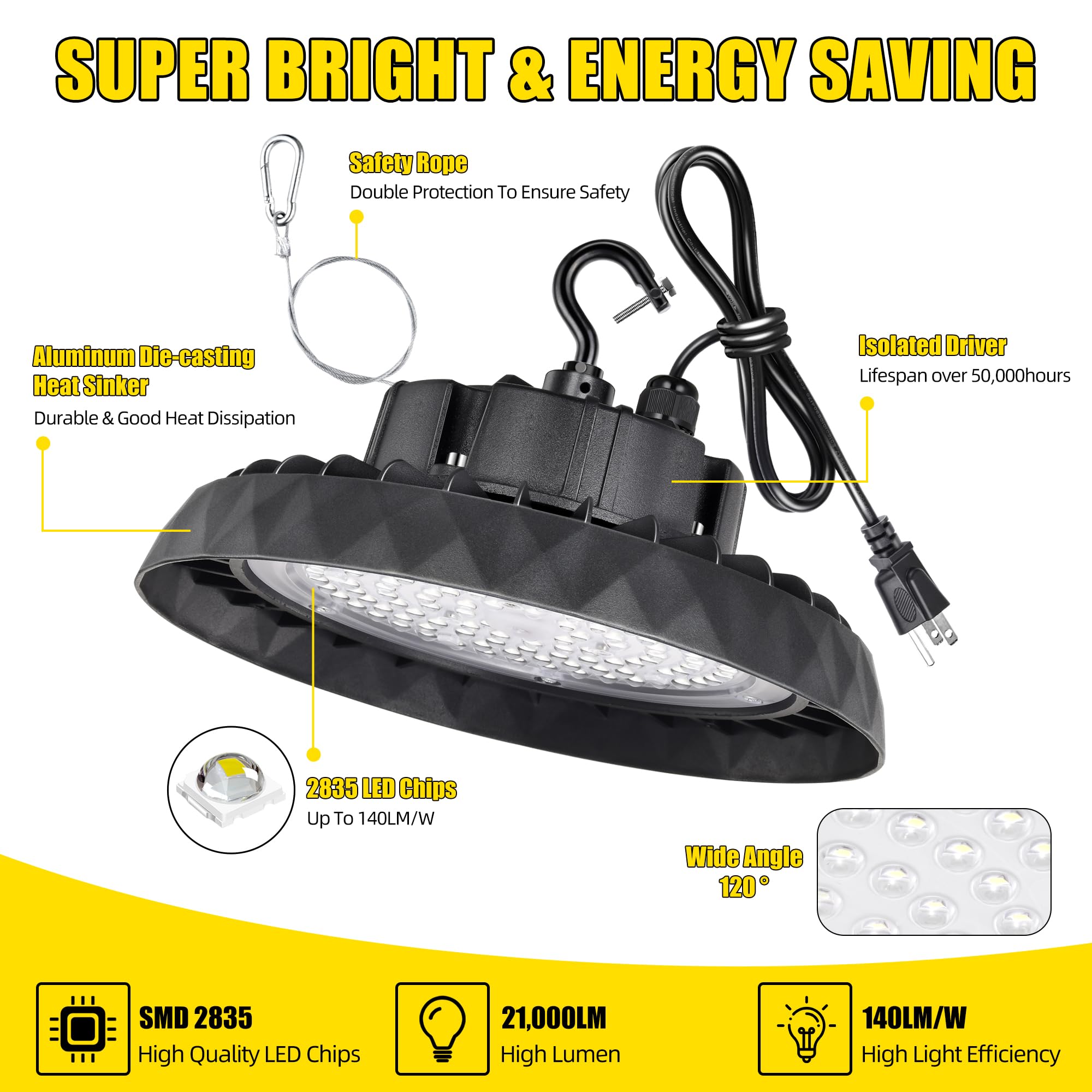 LAUDING LED High Bay Light 150W, 21000LM 5000K Daylight UFO LED High Bay Shop Light with 5' Cable UL Plug for Workshop Barn Shop Warehouse Factory Gym Garage, IP65 Waterproof Dustproof.