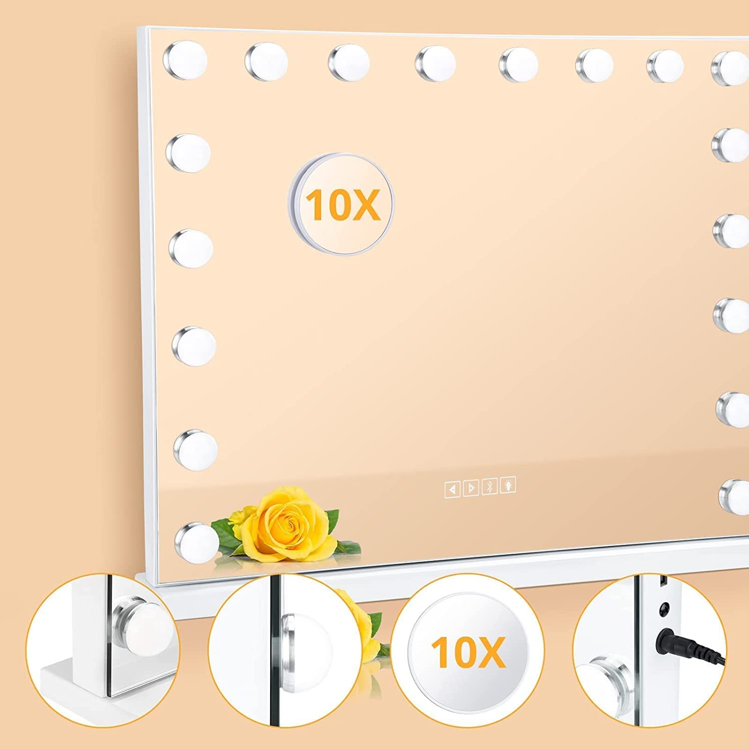 Large Hollywood Beauty Makeup Mirror with Bluetooth 18 LED Bulbs Large Lighting Cosmetic Vanity 3 Color Lighting Modes Makeup Mirror with USB Charging Port, Touchscreen, Tabletop & Wall-Mounted