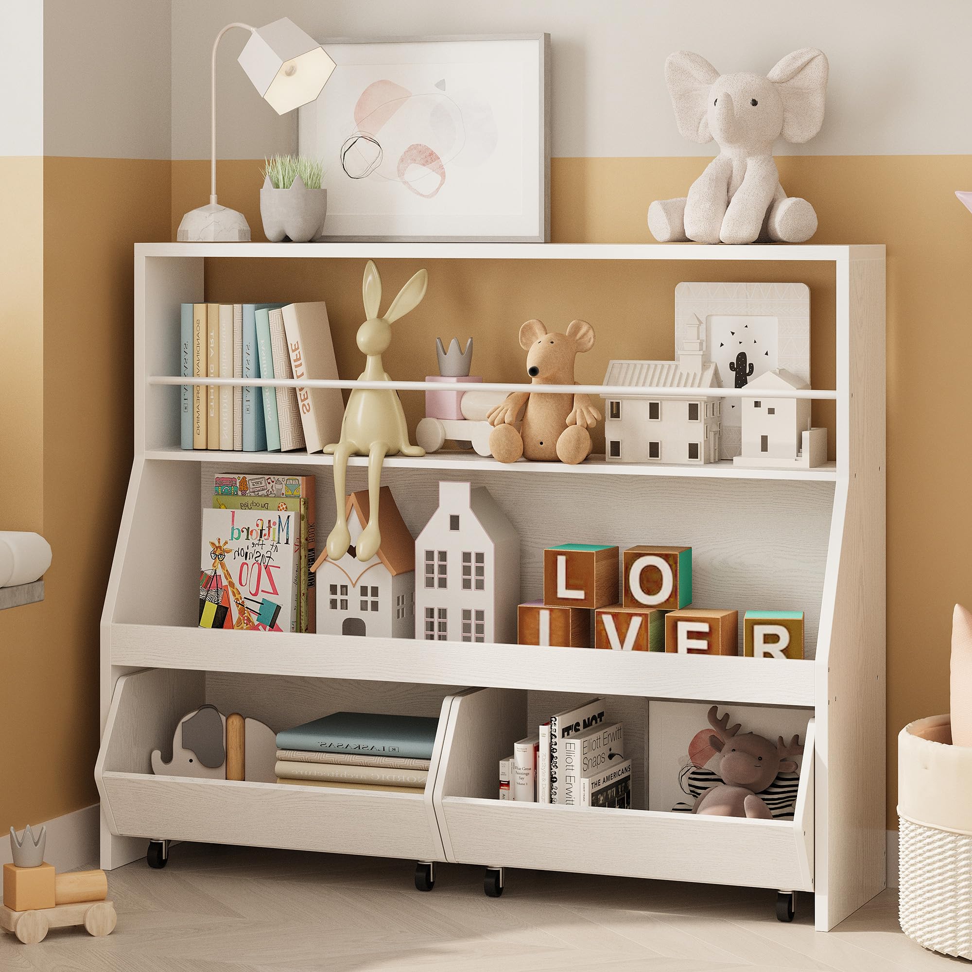 IRONCK Toy Storage Organizer, Kids Bookshelf with 2 Movable Cubby Drawers, Top Toy Shelf with Crossbar, Storage Cabinet for Nursery, Playroom, White