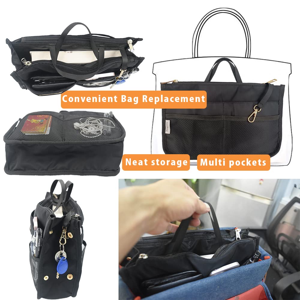 Hongmeru Purse Organizer Insert for Handbags, Tote Bag Organizer Insert with 11 Pockets, Bag Organizer for Tote with Handle, Nylon, Foldable, Tote Organizer Insert with Metal Zipper and Hook Black