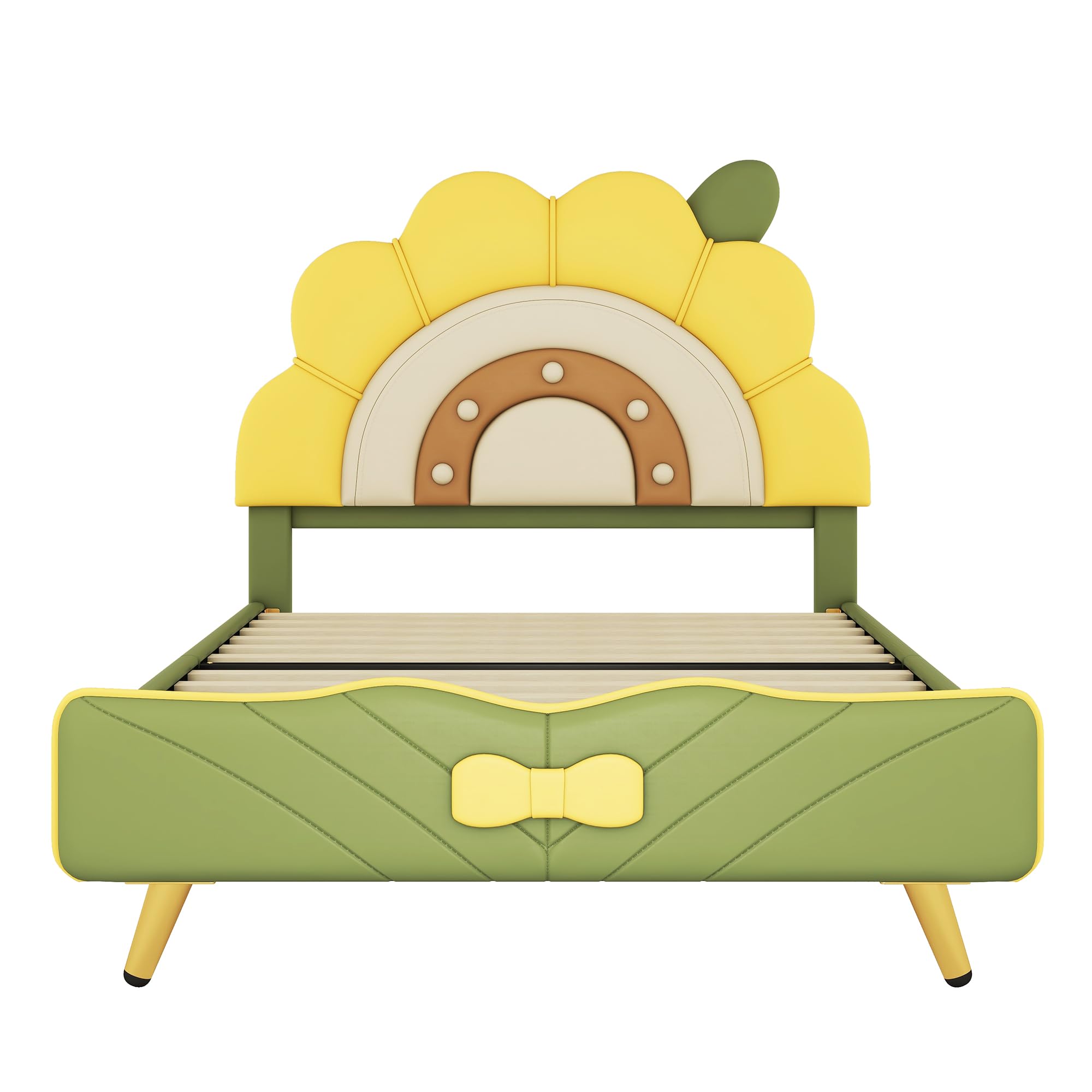 MERITLINE Twin Size Upholstered Platform Bed with Sunflower Shaped Headboard, PU Upholstered Twin Size Bed Frame for Kids Teens, Boys Girls,Green + Yellow