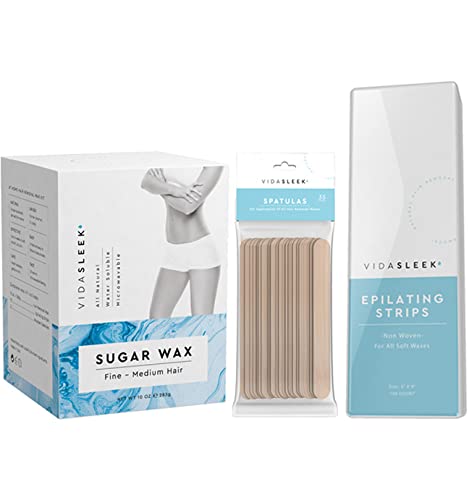 Wax Kit Bundle: Hair Removal Sugar Wax Kit (10 oz) + Pack of 100 Non-Woven Wax Strips + Pack of 35 Spatulas