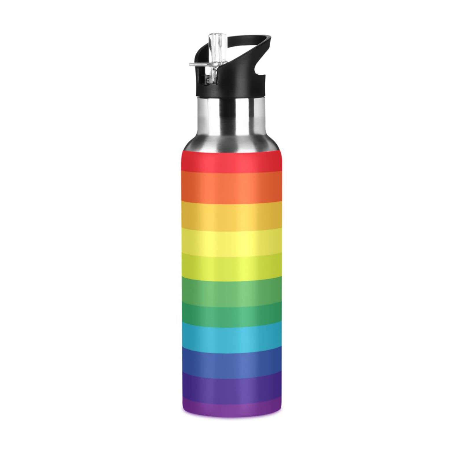 Kigai Rainbow Striped Insulated Water Bottle 22oz Stainless Steel Vacuum Cup with Straw Lid Leakproof Thermal Bottles for Sport Keep Cold/Warm