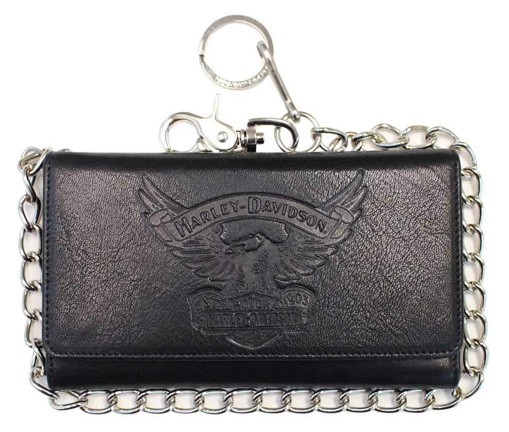Harley-Davidson Men's Eagle Embossed Biker Tri-Fold Tall Leather Wallet - Black