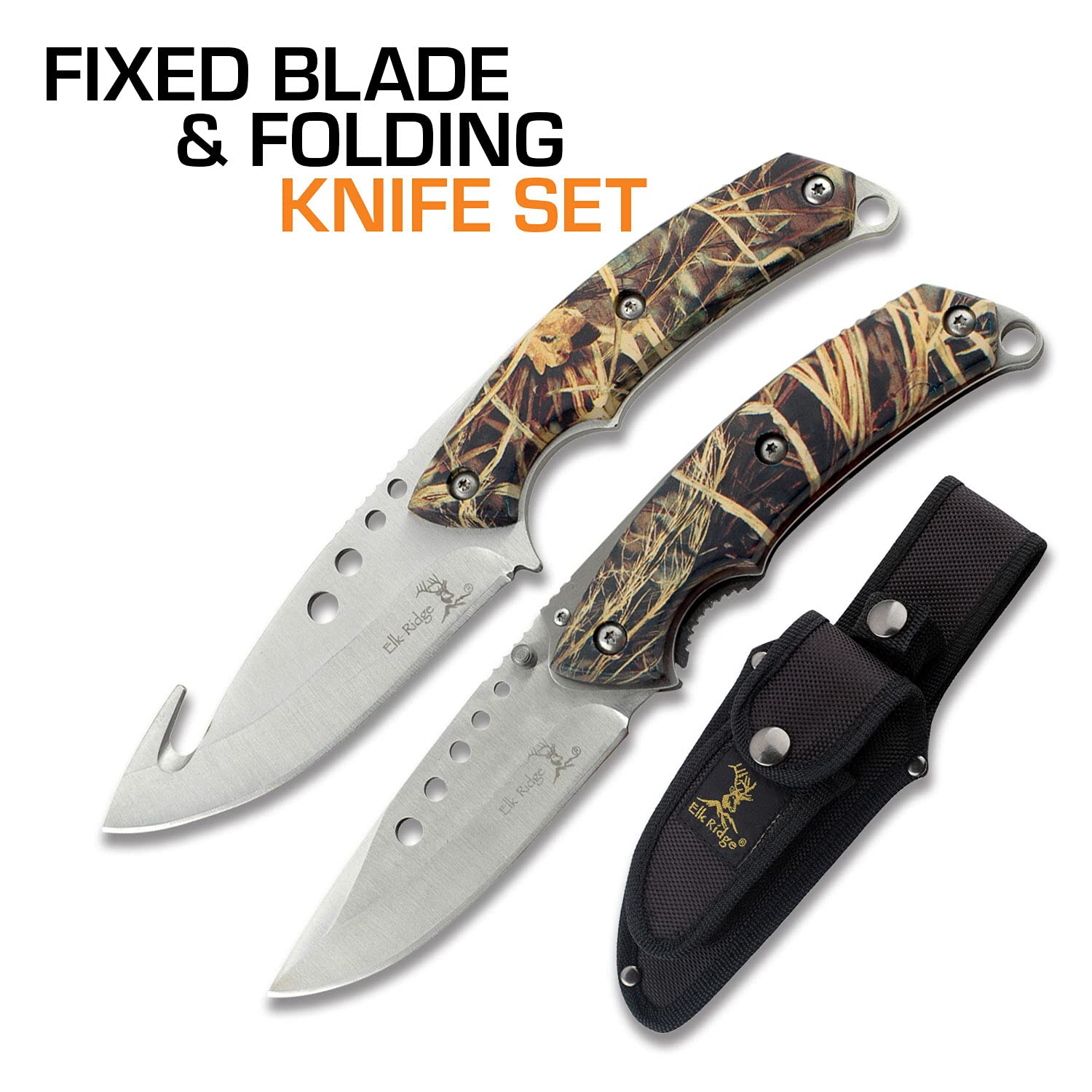 Elk Ridge - Outdoors Hunting Knife Set- 2 PC Fixed Blade and Folding Knife Set, Satin Finished Stainless Steel Blades, Camo Coated Handles, Includes Combo Nylon Sheath - Hunting, Camping, Survival - ER-054CA