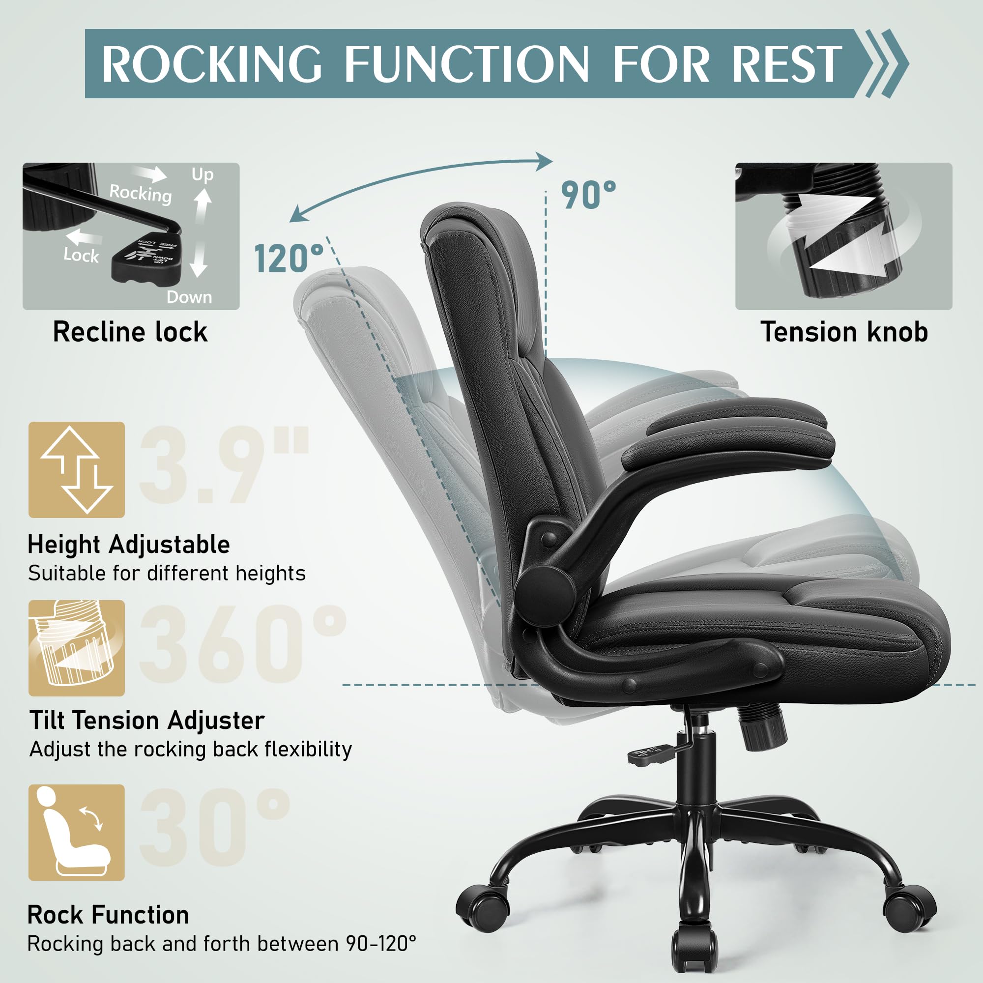 Leather Office Chair, PU Home Computer Desk Chairs with Ergonomic Back Support, 360°Swivel Free,Small Gmaing Chair with Wheels and Adjustable Armrests, for Short People Use, Black