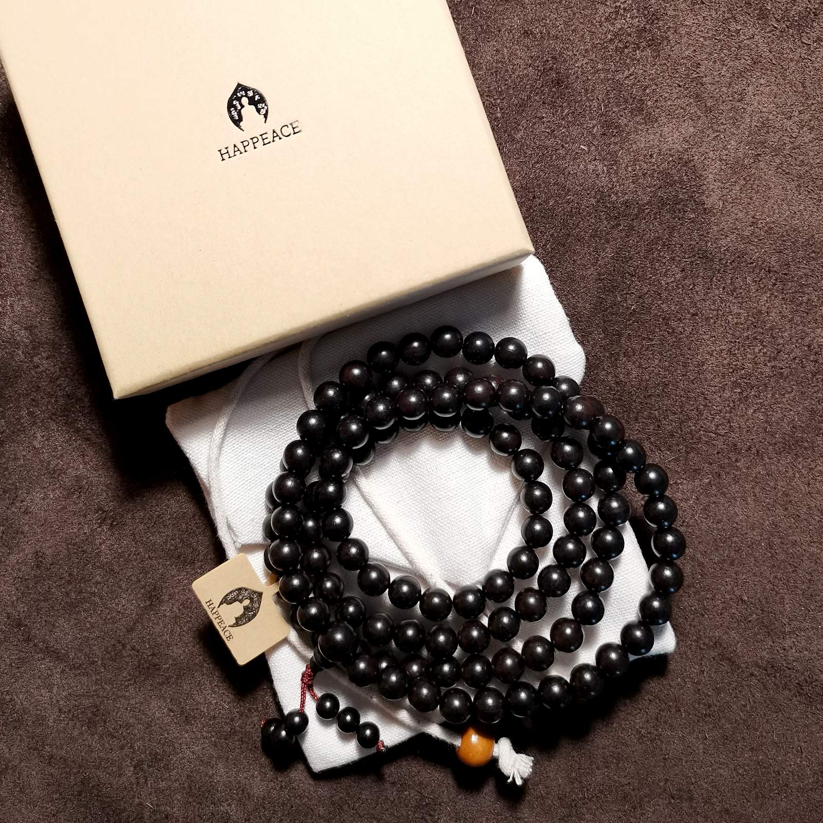 HAPPEACE 8mm Inelastic rope Natural Ebony 108 Mala beads- Tibetan Prayer bead or Meditation