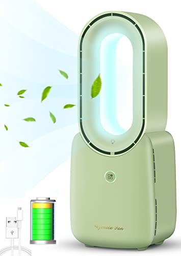 Misby Desk Fan, Portable Bladeless Fan 11.8 inch Personal Cooling Fan with 4 Speeds, Leafless 5 Colors LED Lights Touch Control Small Quiet Table Fans For Home, Bedroom, Office(Green)
