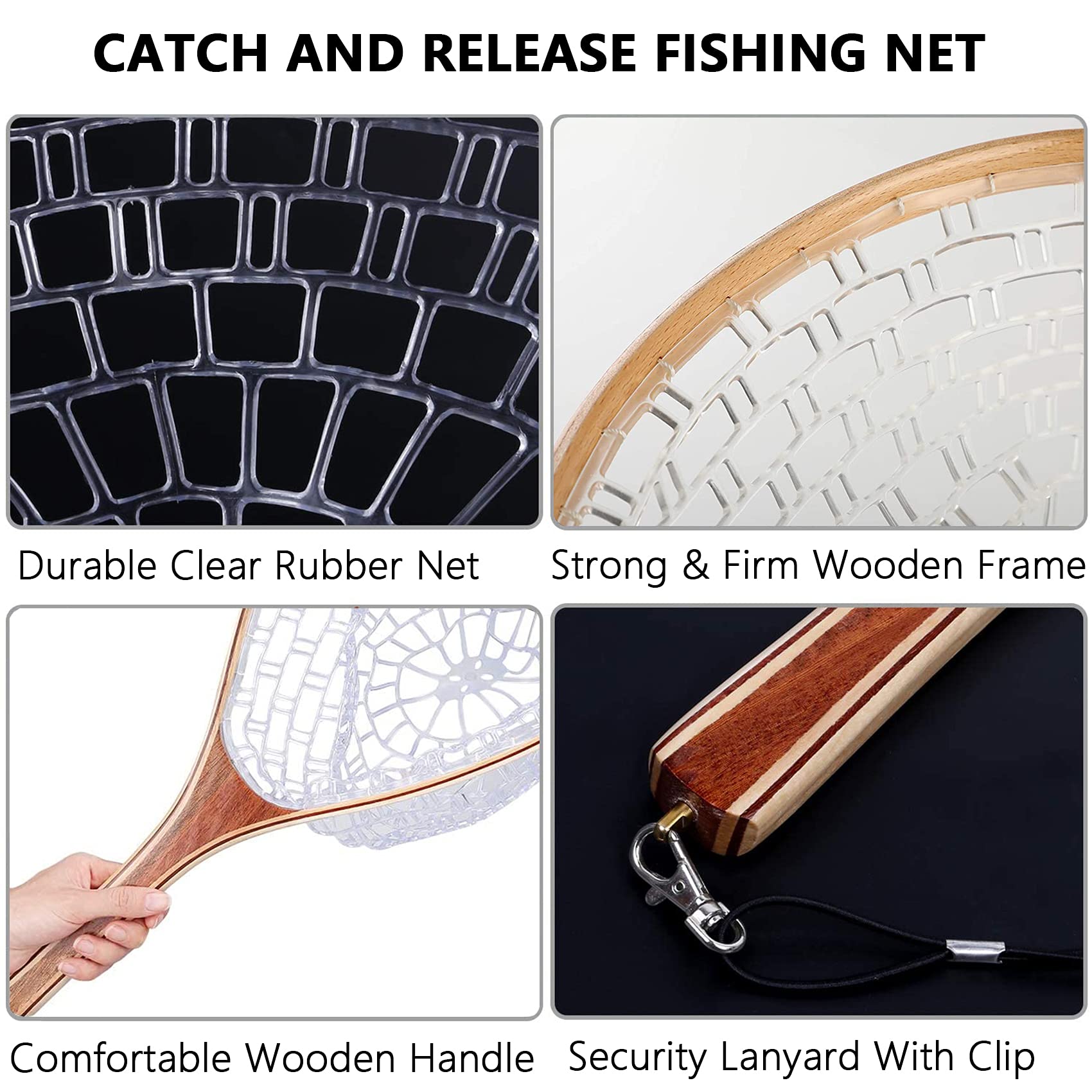 FISHARE Fly Fishing Landing Net, Wooden Frame Fish Net with Clear Soft Rubber Mesh for Trout Fishing Catch and Release
