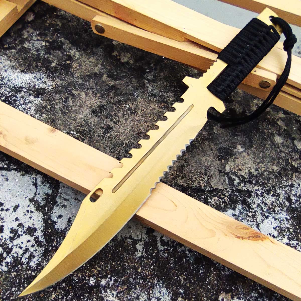 Fixed Blade Hunting Camping Knife Full Tang Handle Straight Blades with Sheath, Gold Titanium