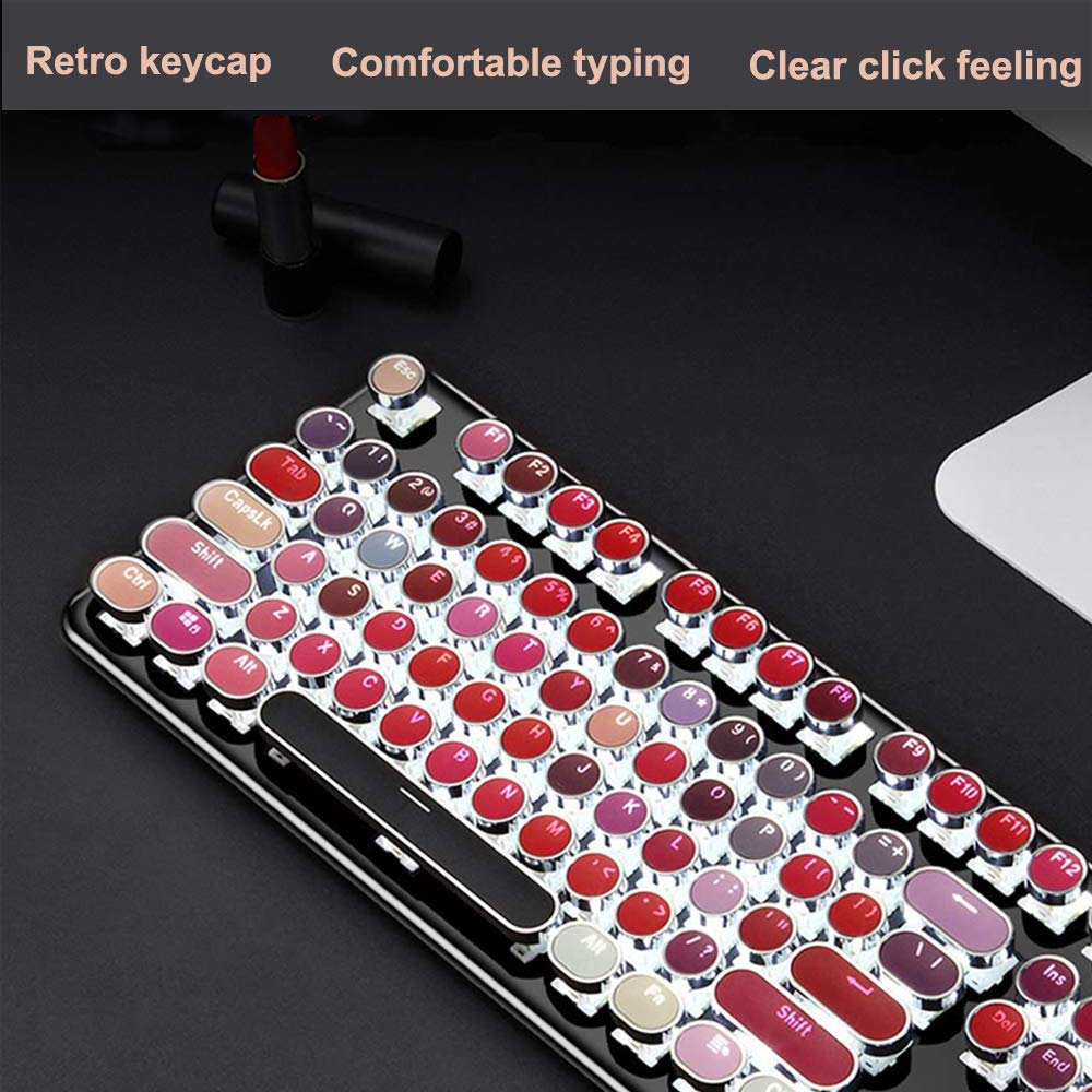 FELICON Lipstick Mechanical Gaming Keyboard, Typewriter Style Retro Keyboard with White LED Backlit,104-Key Anti-Ghosting Blue Switch Wired USB Metal Panel Round Keycaps for Desktop, Laptop