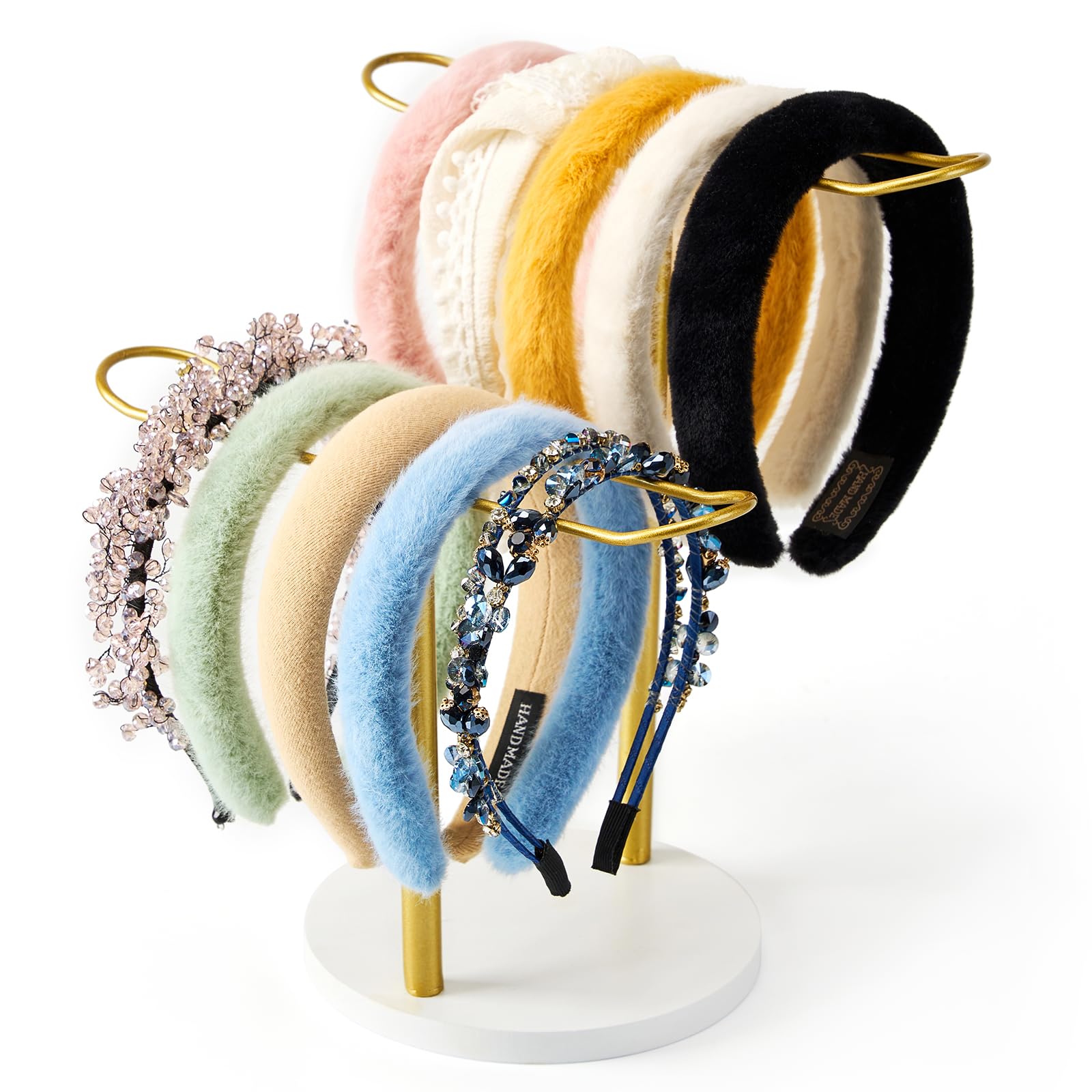 MoyRetty Headband Holder Organizer, 2-Tier Metal Hair Hoop Display Stand Headband Organizer Storage Hair Ropes Accessories Bracelets Bangles Bedroom College Dorm Decor for Girls Women, Gold