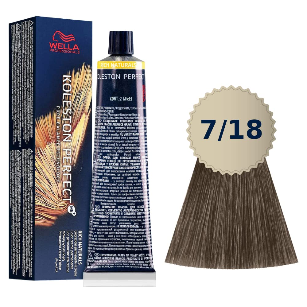 Koleston Perfect Me+ Pure Naturals Permanent Hair Colour Cream and Tint Brush (Bundle 2 items) No. (7/18 Medium Blonde/Ash Pearl, 60 ml)