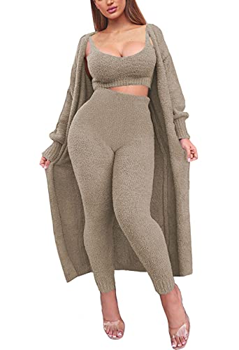 Fixmatti Fuzzy 3 Piece Legging Set for Women Open Front Cardigan Cropped Tops Long Pant Suit Khaki S