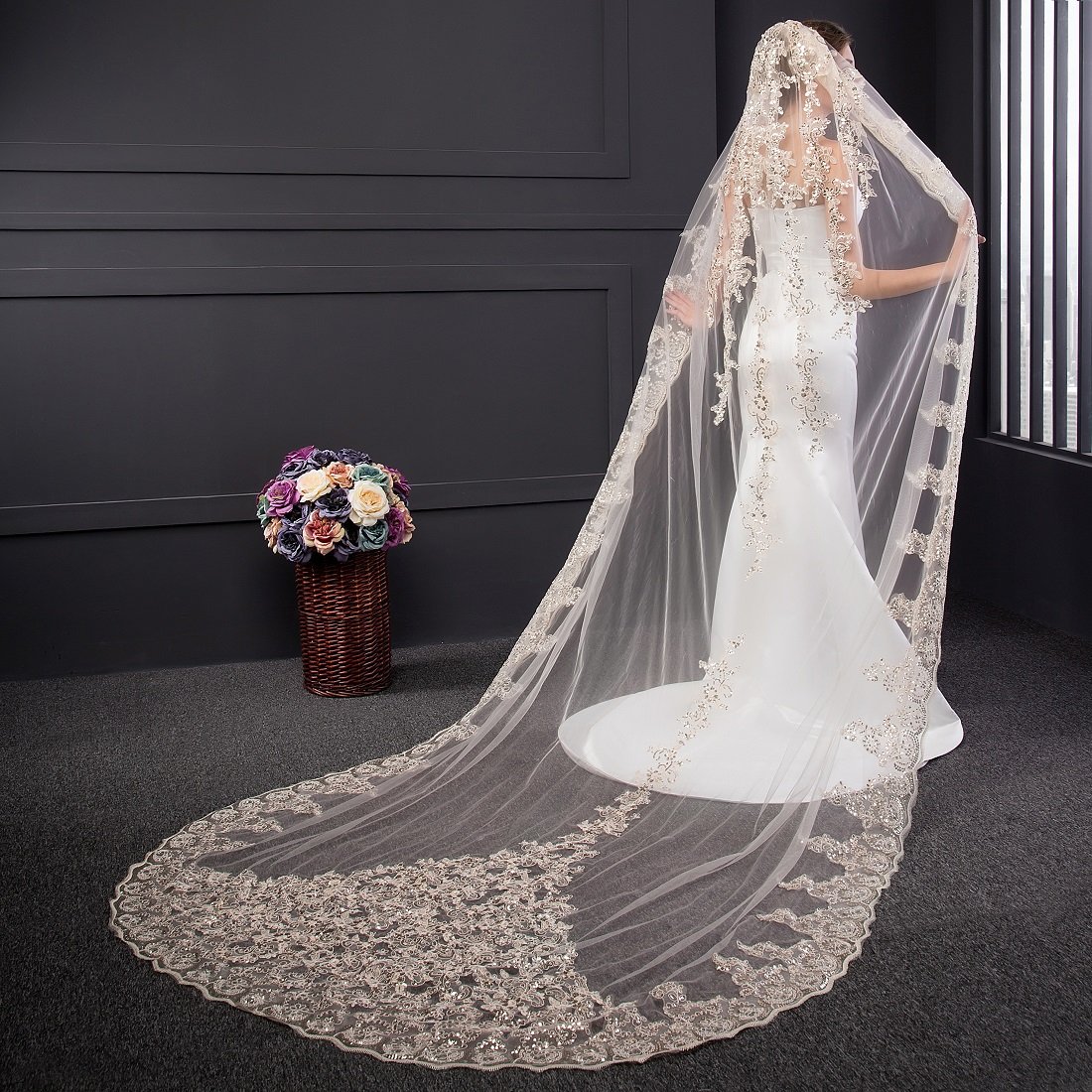 EllieHouse Cathedral Length Sequin Lace Wedding Bridal Veil for Bride Champagne
