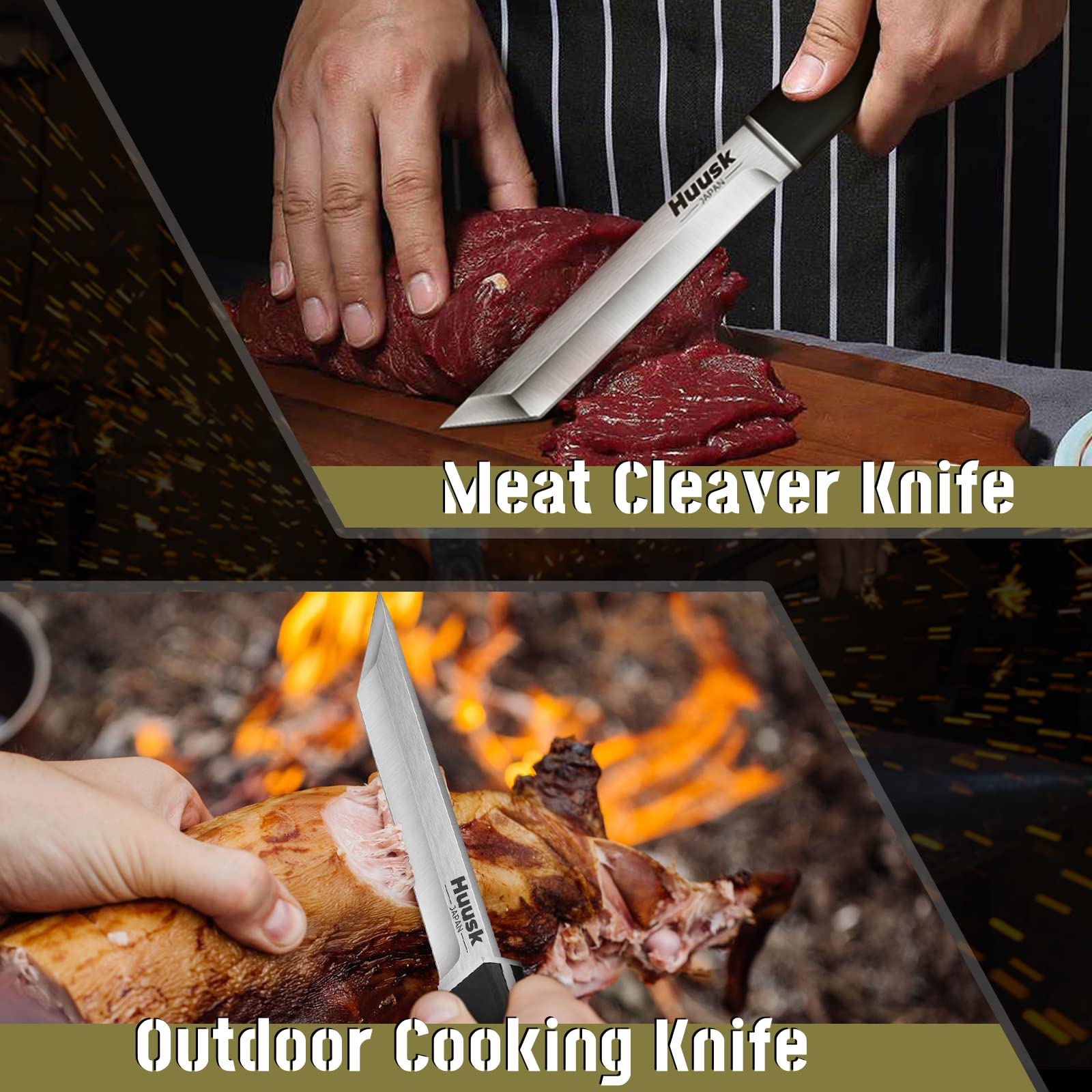 Huusk Chef Knives Bundle with Hand Forged Meat and Vegetable Knife, Outdoor Camping Cooking Knife with Leather Sheath and Gift Box