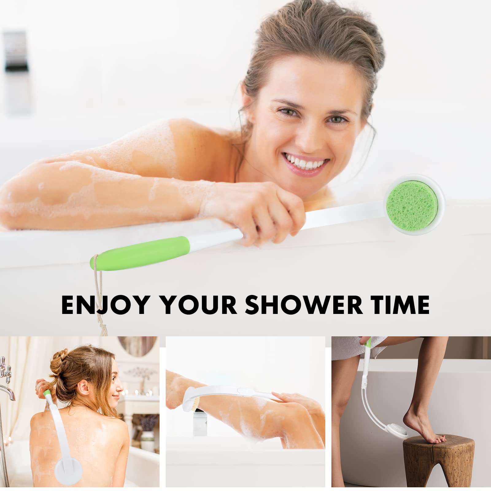 LYIGEOL 19" Foldable Extra Long Handle Curved Body Scrub Bath Brush, 3 in 1 Back Shower Brush Scrubber Set for Cleaning, with Sponge Pumice Head, Suitable for Elderly Seniors aid Men and Women