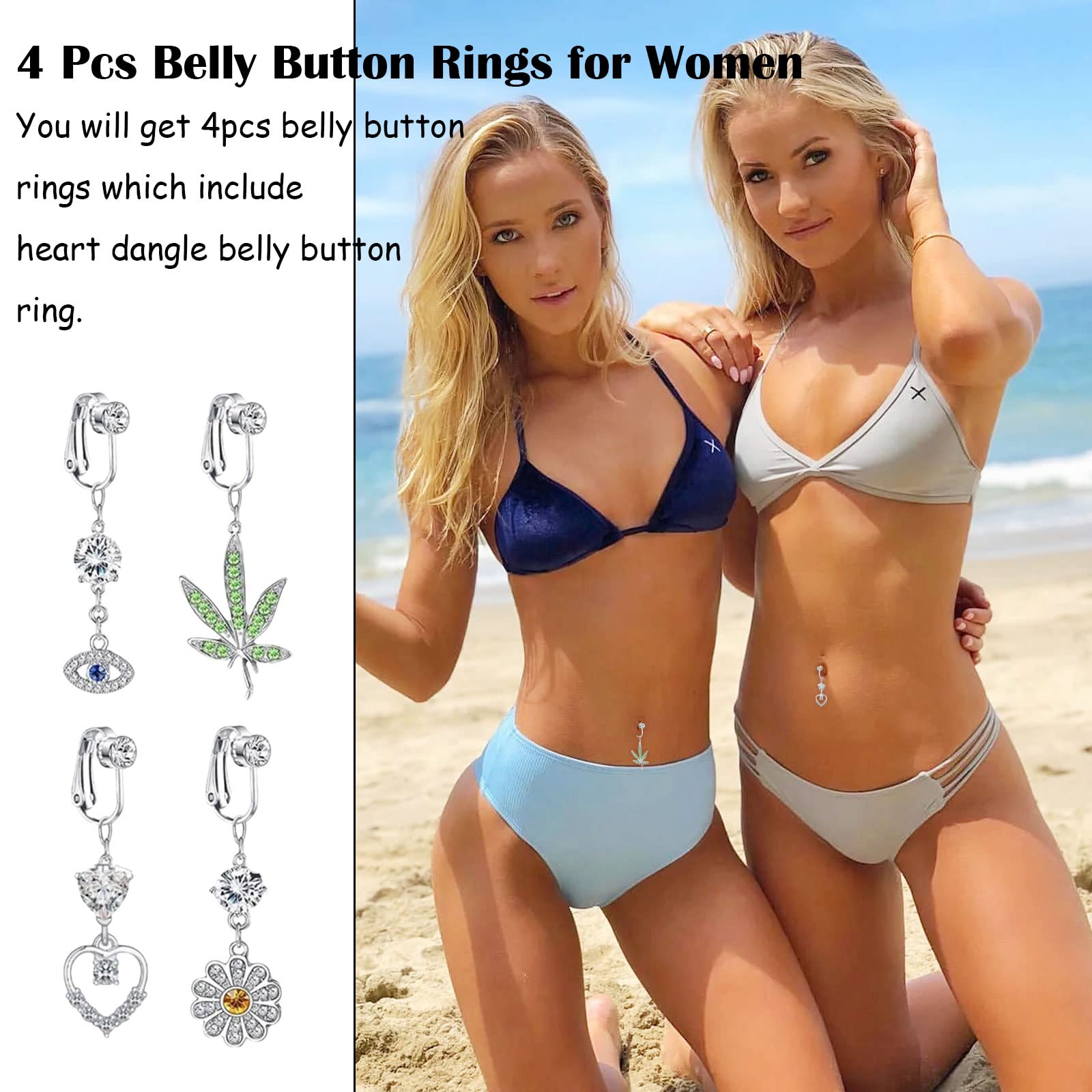 Harry and Henry 4Pcs Belly Button Fake Earrings Dangle Fake Belly Ring Non Piercing Clip on Belly Button Rings for Women(Set A)…