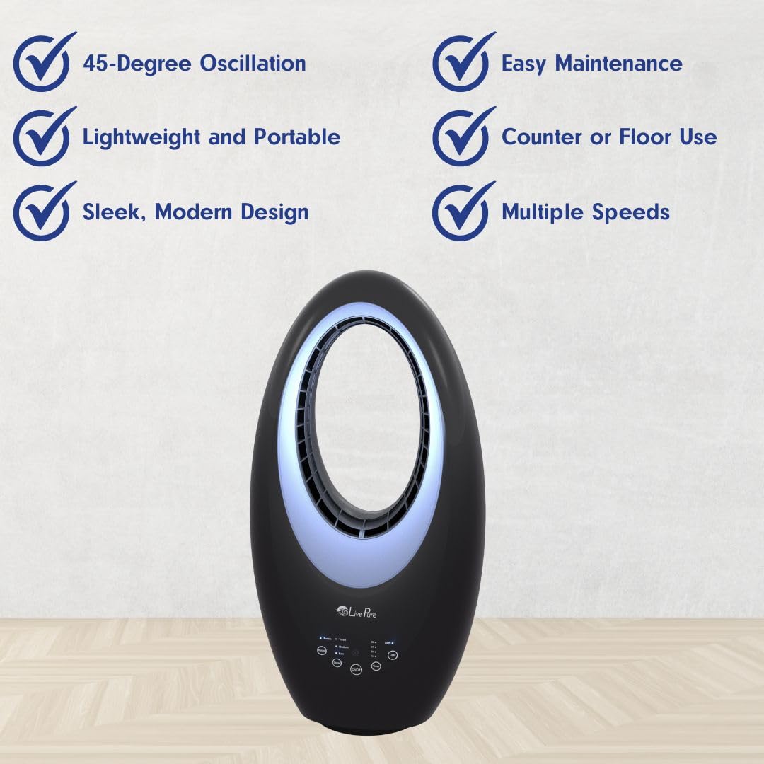 LivePure LP1500 Bladeless Oscillating Whole Room Fan. 3-Speed Adjustment, Touch Control, Quiet Cooling Fan. Stand Up Personal Fan for Bedroom, Office, Kitchen. Portable with 45-Degree Rotation. White