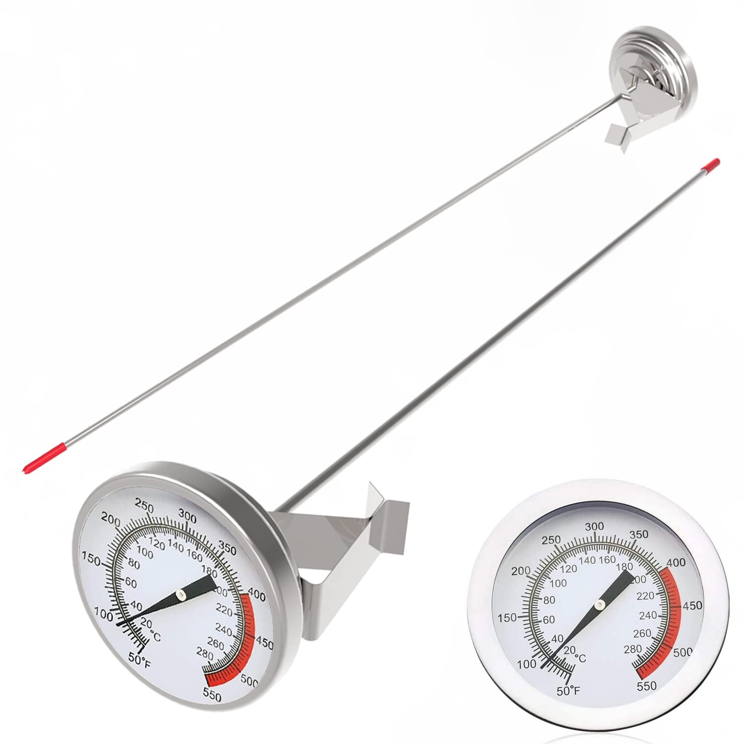 Lightbeam 16" Long Stem Deep Fry Thermometer with Clamp (2 Pack), Instant Read 2" Dial Meat BBQ Thermometer for Deep Fry, Grill, Turkey, Candy, Coffee etc