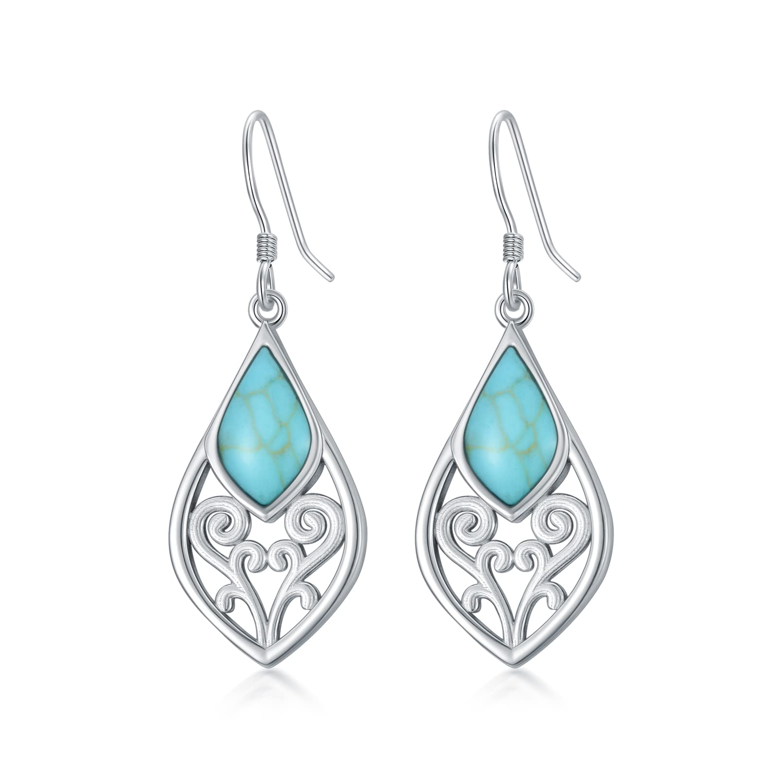 Genuine Turquoise Earrings 925 Sterling Silver Filigree Dangle Earrings for Women