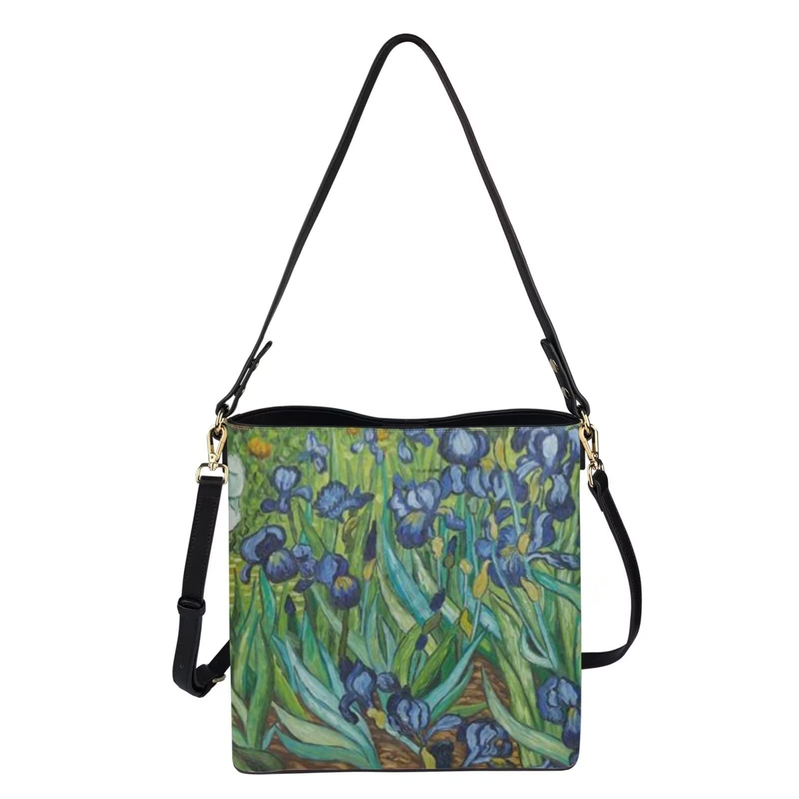 HUGS IDEA Van Gogh Iris Hobo Bag for Women with Adjustable Straps PU Leather Large Capacity Crossbody Handbags Shoulder Purse