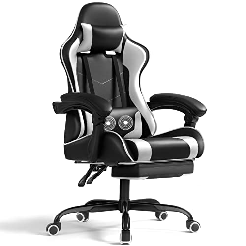 Shahoo Gaming Chair with Footrest and Massage Lumbar Support, Video Game Chairs 360°Swivel and Height Adjustable Seat with Headrest for Office or Bedroom, Study Room, White