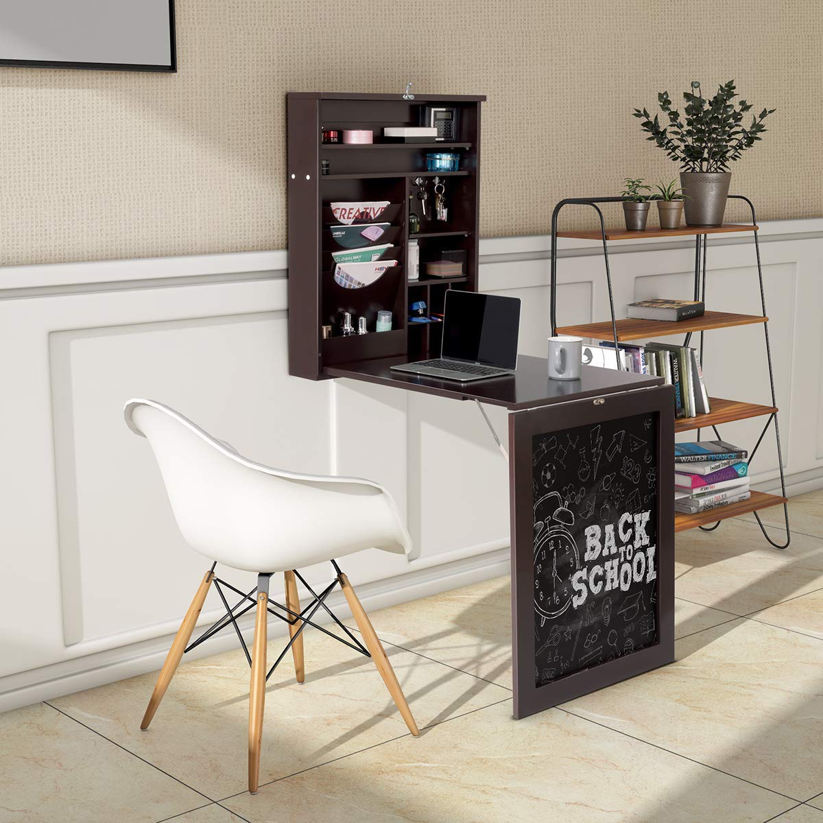 Tangkula Wall Mounted Desk, Floating Desk with Chalkboard, Space Saving Fold Up Wall Convertible Desk, Multi-Function Wall Mounted Table with Storage Shelves & Hooks(No Assembly Required)