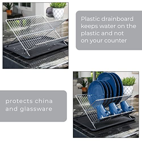Smart Design Dish Drainer Rack w/ In Sink or Counter Drying - Steel Metal Wire - Cutlery, Plates, Dishes, Cups, Silverware Organization - Kitchen (Folding, Chrome)