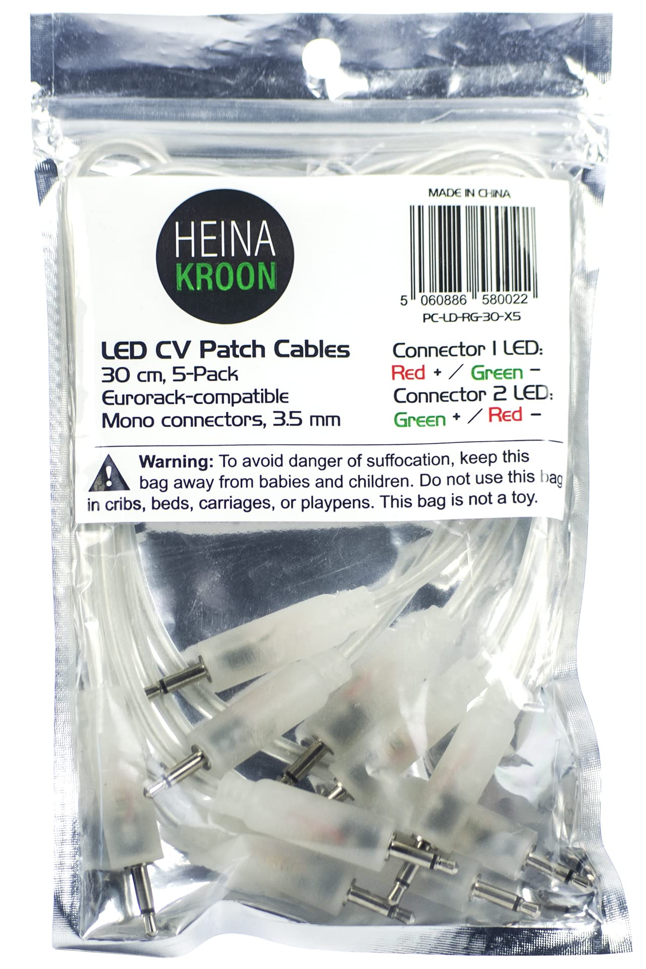 Heinakroon LED CV Patch Cables Eurorack Modular Test Leads, 5-Pack, Transparent (11.8)
