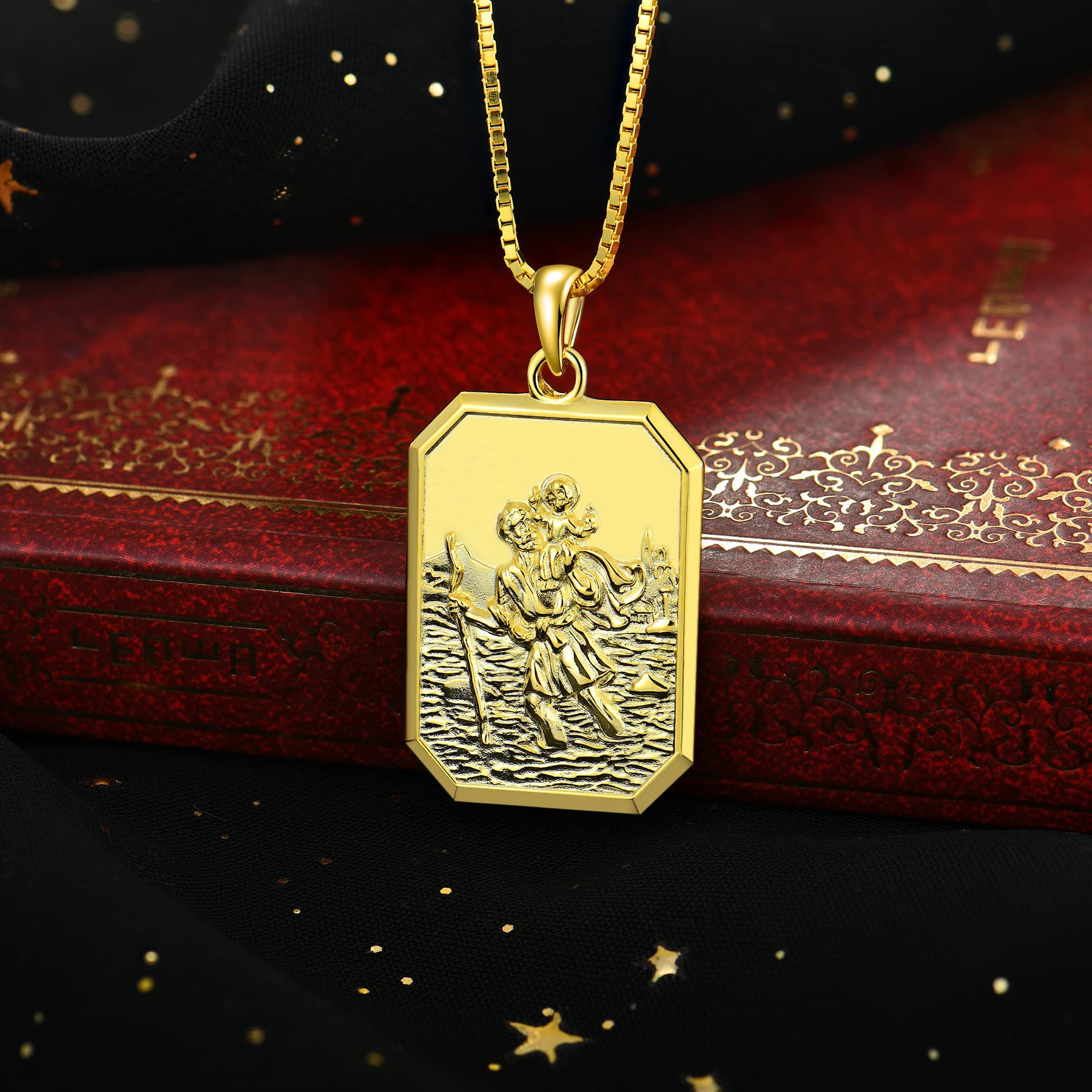 FJ 18K Gold Plated St Christopher Necklace 925 Sterling Silver Square Saint Christopher Pendant Necklace for Women Men with 20 Inch Chain