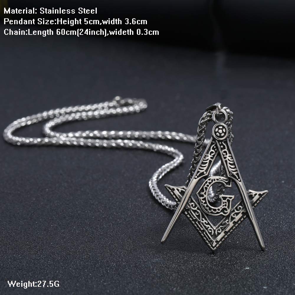 FIZIZDH Stainless Steel Freemason Masonic Pendant Necklace, Unisex, 24 inch Keel Link Chain